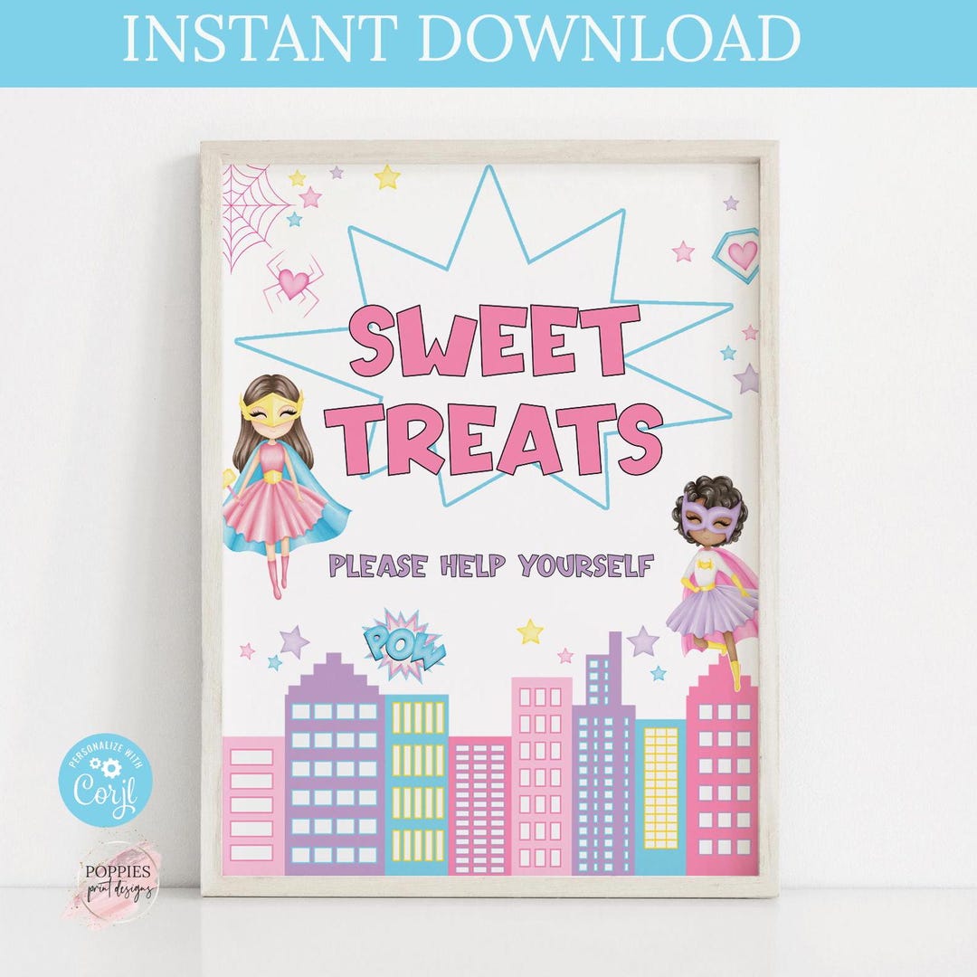 Girl Superhero Sweet Treats Sign, Comic Birthday Dessert Table Sign ...