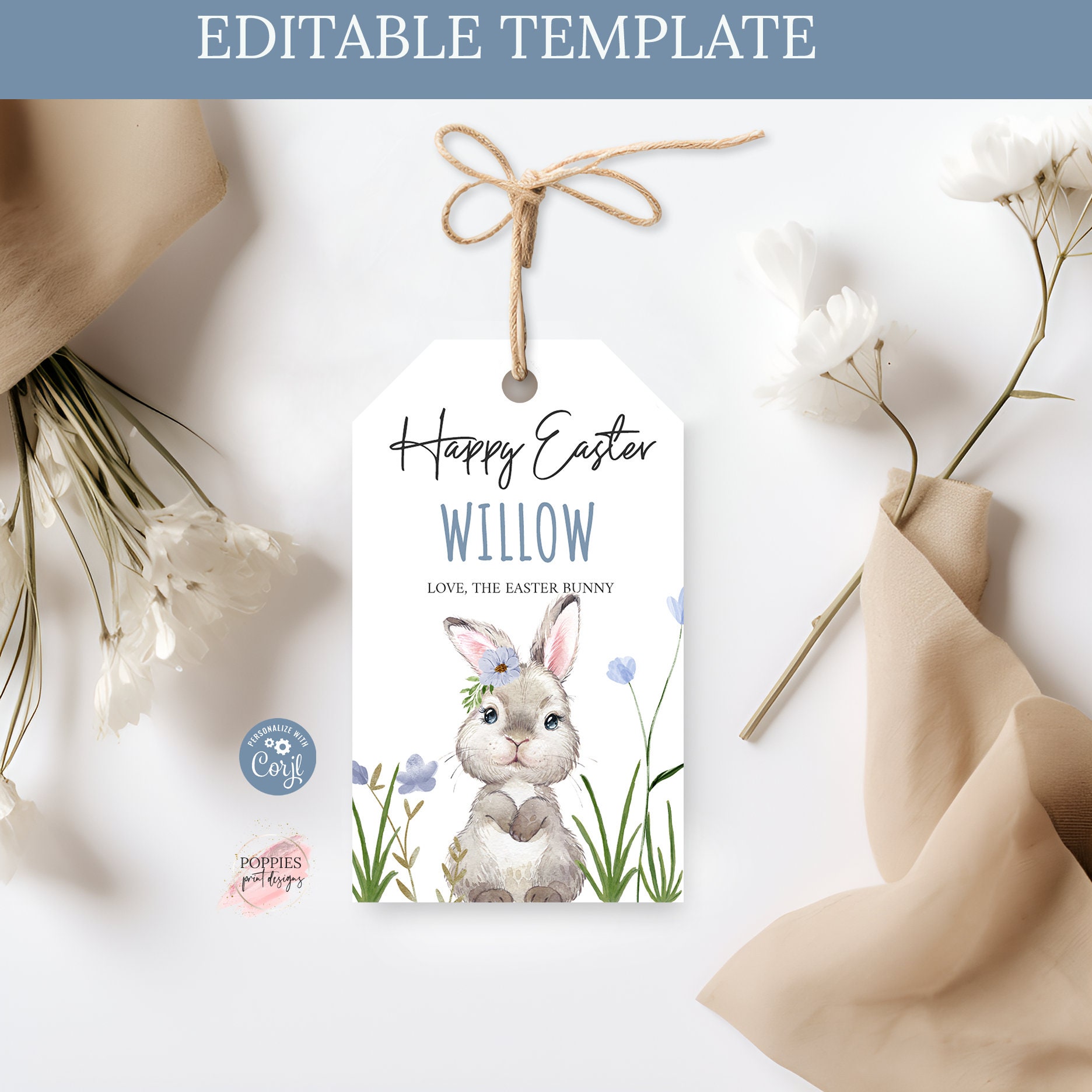 Kids Easter Bunny Tag, Editable Cute Bunny Easter Basket Gift Tag ...