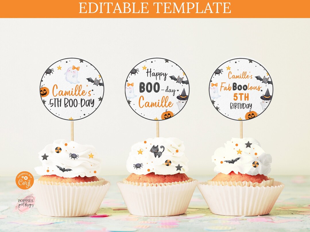Editable Halloween Birthday Cupcake Toppers Cute Ghost Cupcake Spooky ...