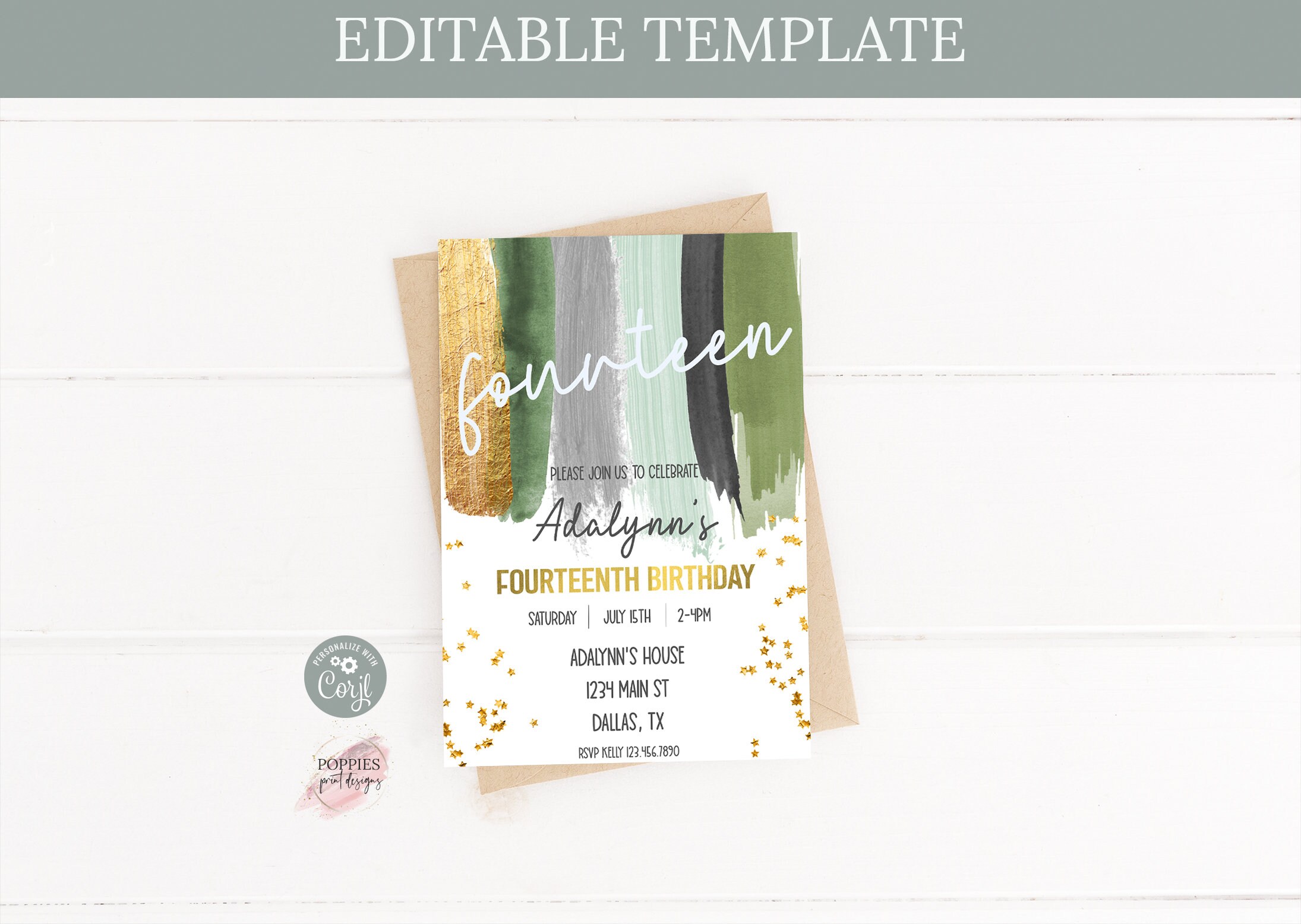 Editable 14th Birthday Invitation, Fourteenth Birthday Invite Tween ...