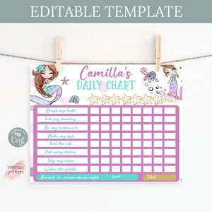 Editable Mermaid Chore Daily Chart, Printable Kids Responsibility Chart ...