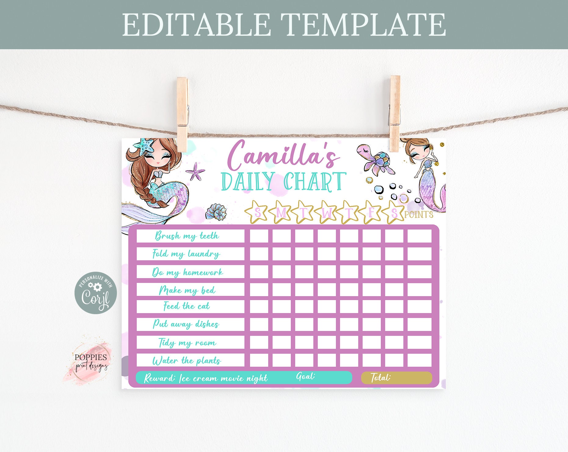 Editable Mermaid Chore Daily Chart, Printable Kids Responsibility Chart ...