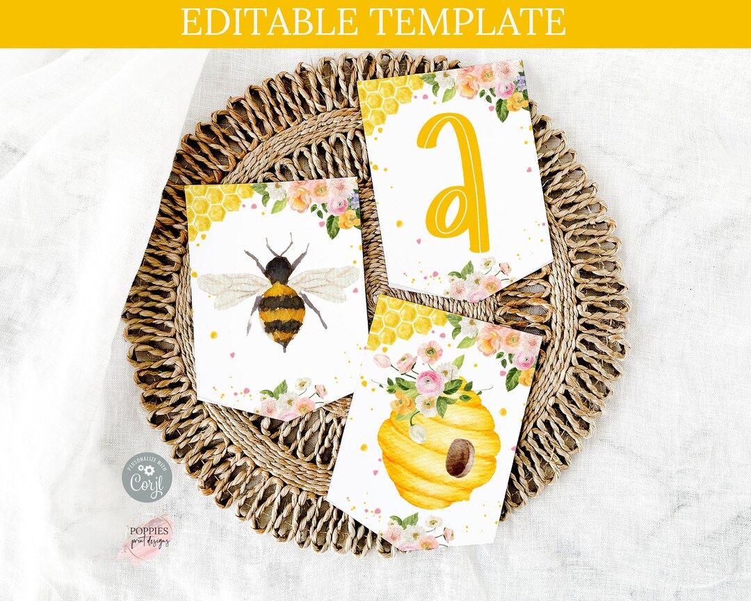 Editable Floral Bee Banner 8.5x11" Honey Bee Bunting Bumble Bee ...