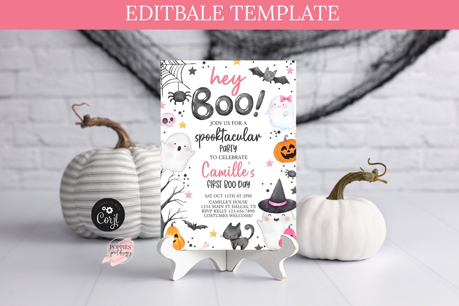 Halloween Birthday Invitation Hey Boo Editable Pink Ghost Birthday ...