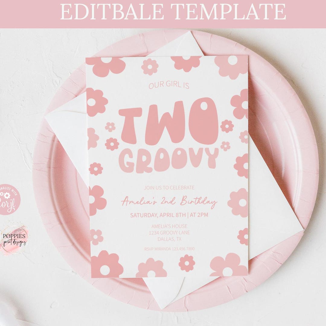 Editable Two Groovy 2nd Birthday Invitation Retro Floral Second ...
