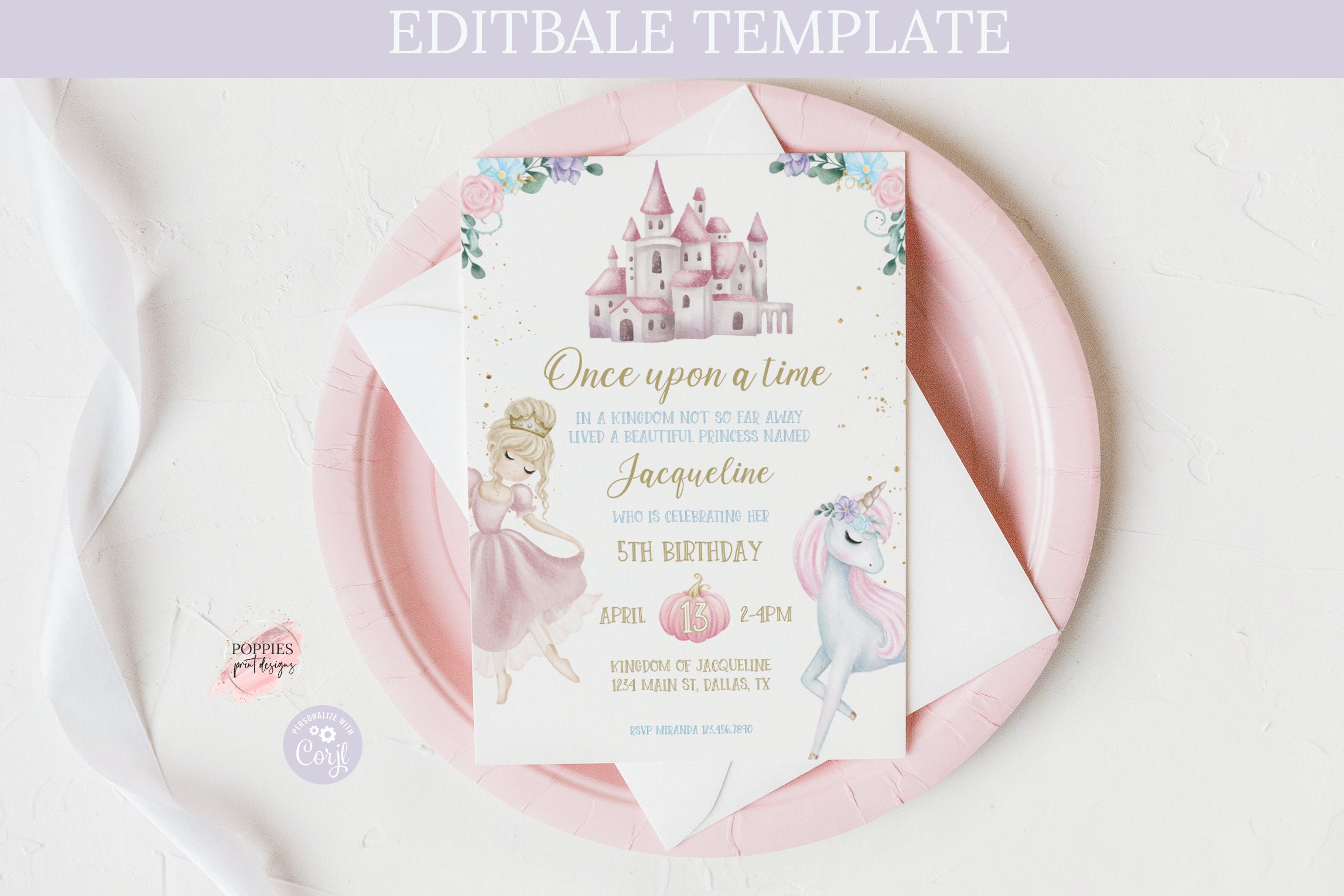 Editable Pink Princess Birthday Invitation Once Upon a Time Fairy Tale ...