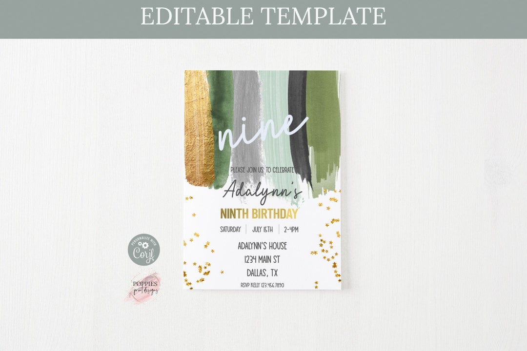 Editable 9th Birthday Invitation, Ninth Birthday Invite, Tween Party ...