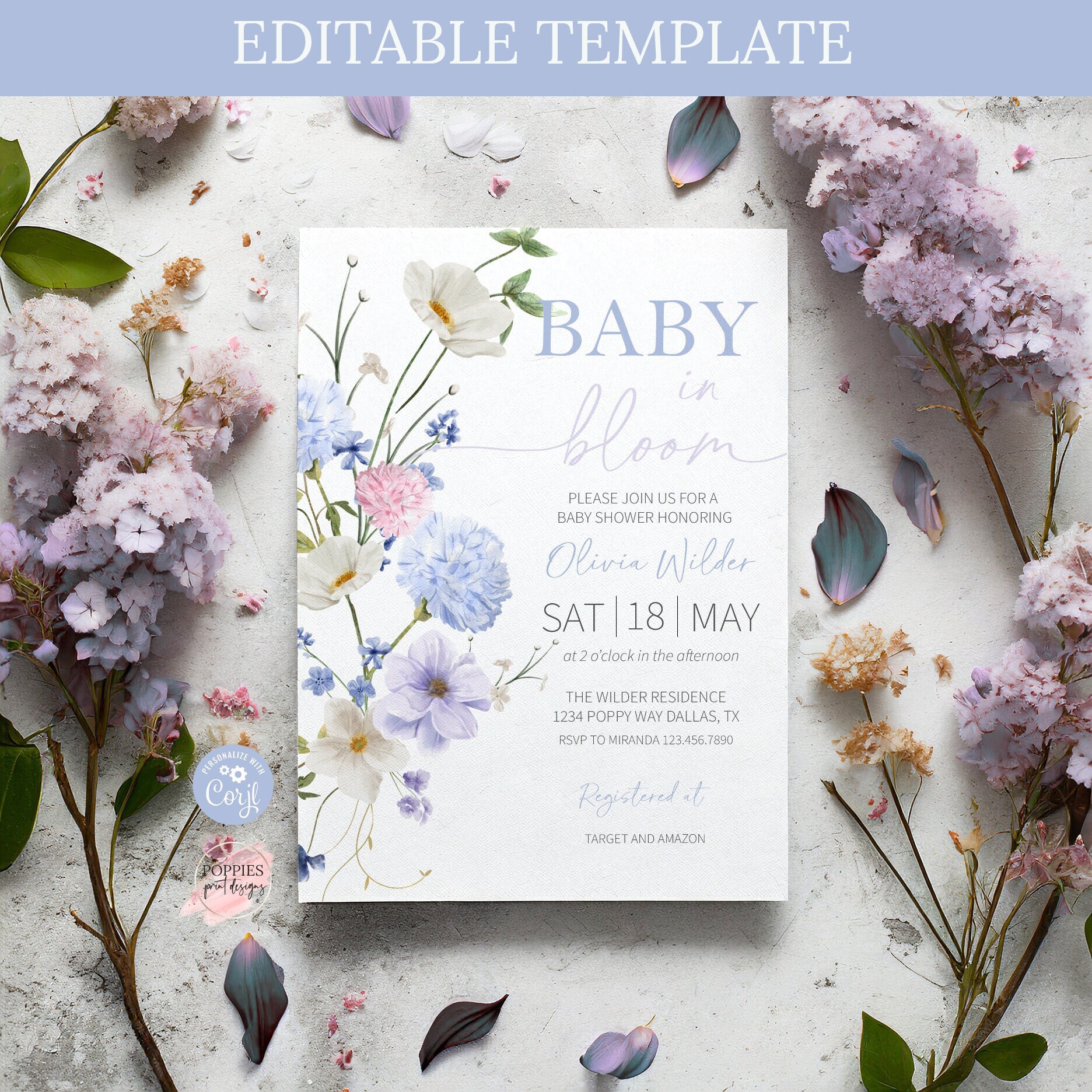 Editable Baby in Bloom Invitation, Spring Baby Shower Invite ...