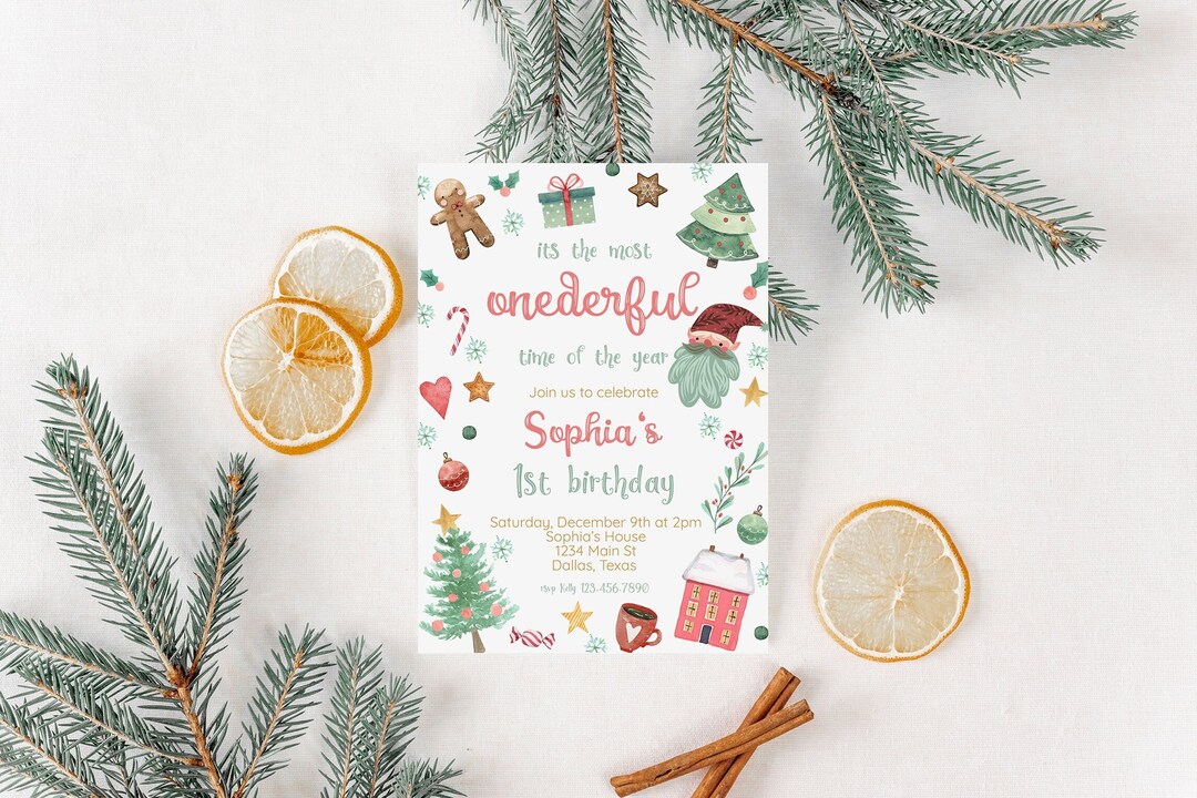 Editable Christmas First Birthday Invitation, Most Onederful Time of ...