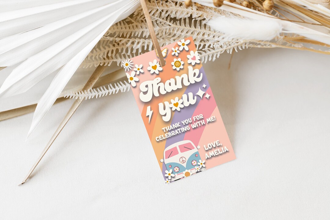 Editable Groovy Rainbow Daisy Birthday Thank You Tag Retro Birthday ...
