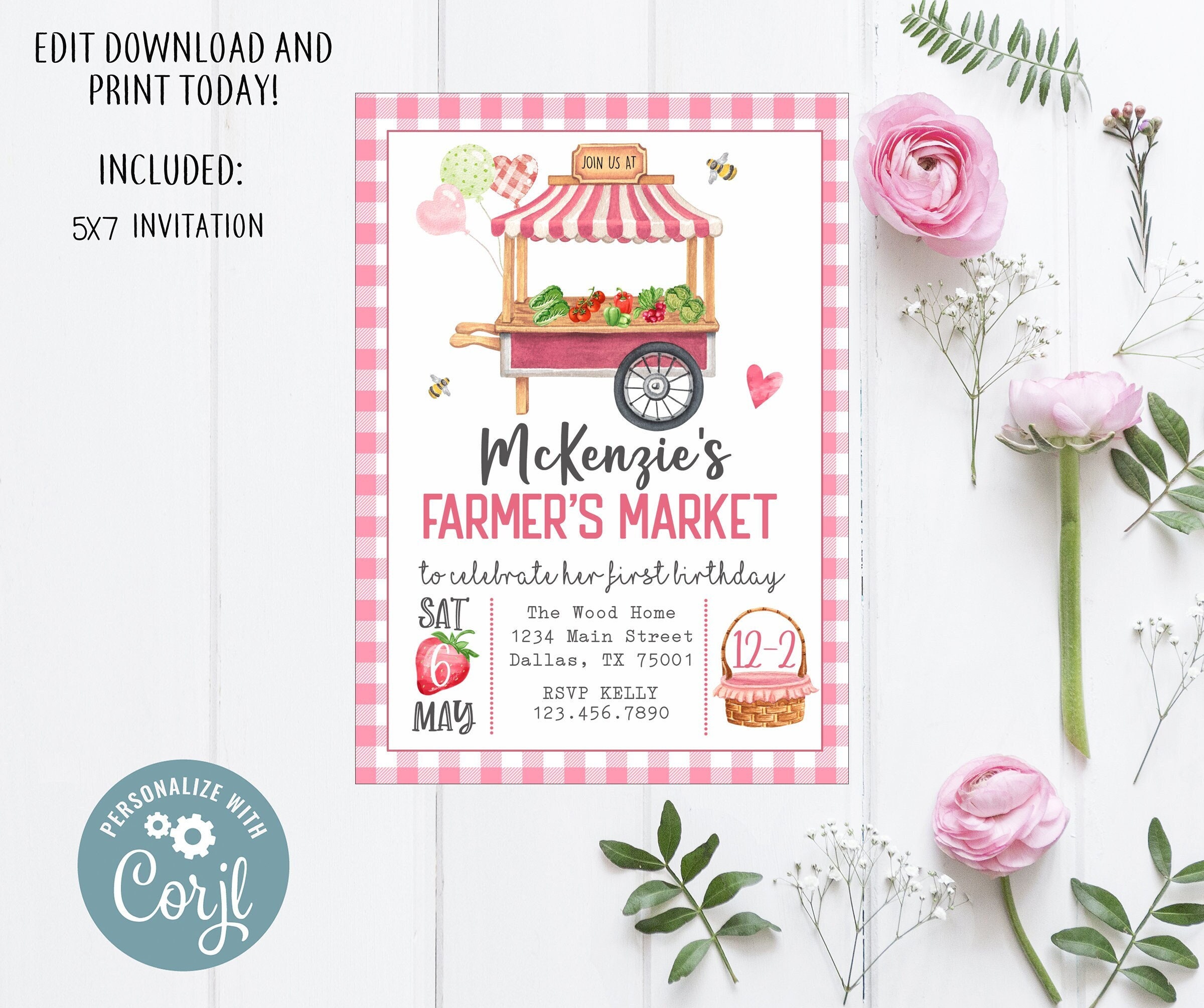 Girls Farmer's Market First Birthday Invitation, Editable Picnic ...