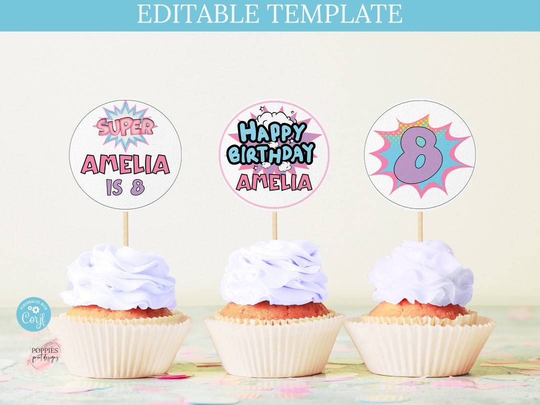 Editable Girl Superhero Cupcake Toppers, Pink Super Hero Birthday ...