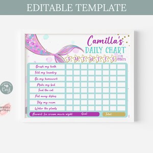 Editable Mermaid Chore Daily Chart, Printable Kids Responsibility Chart ...