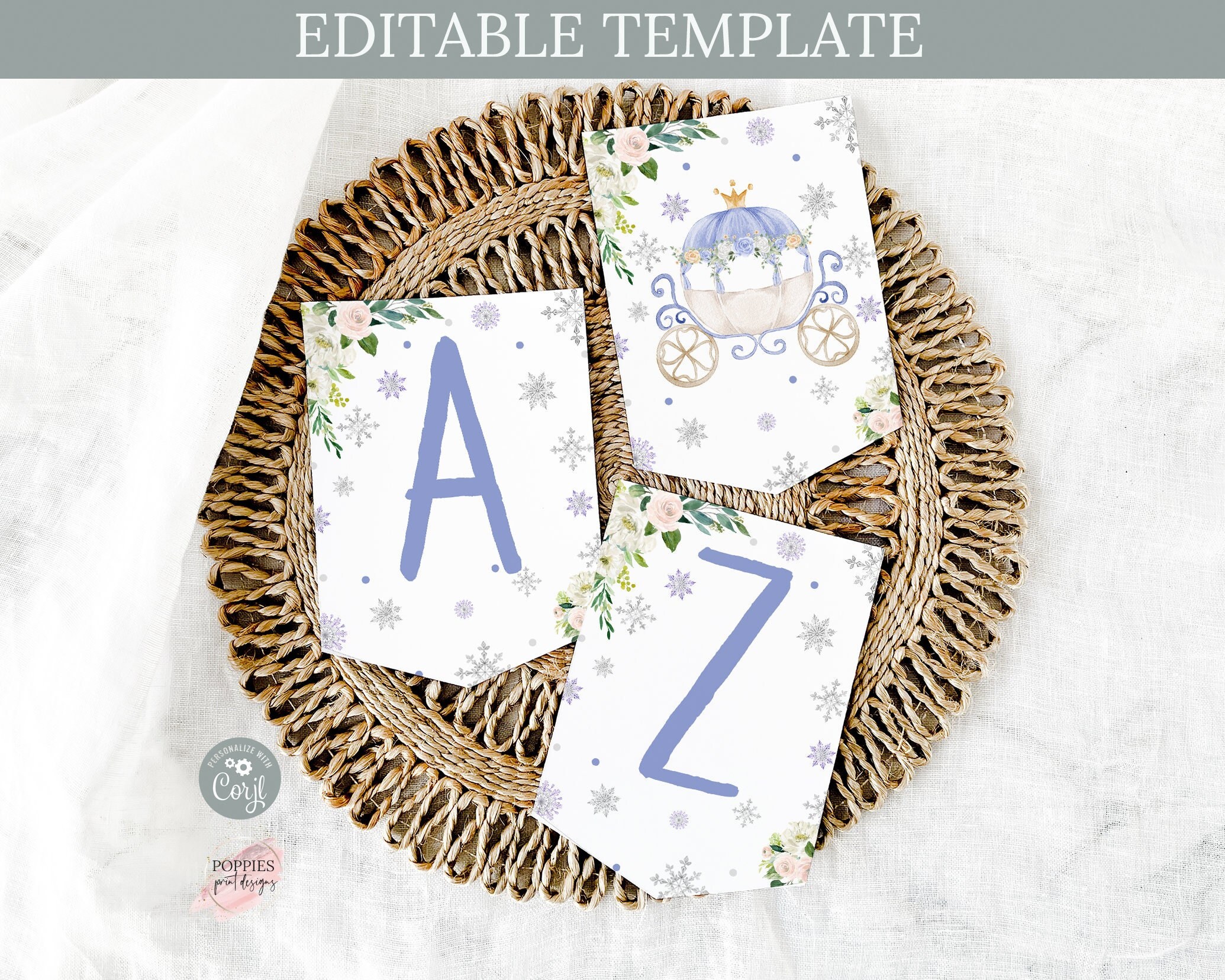 Editable Princess Castle Birthday Banner 8.5x11" Royal Carriage Bunting ...