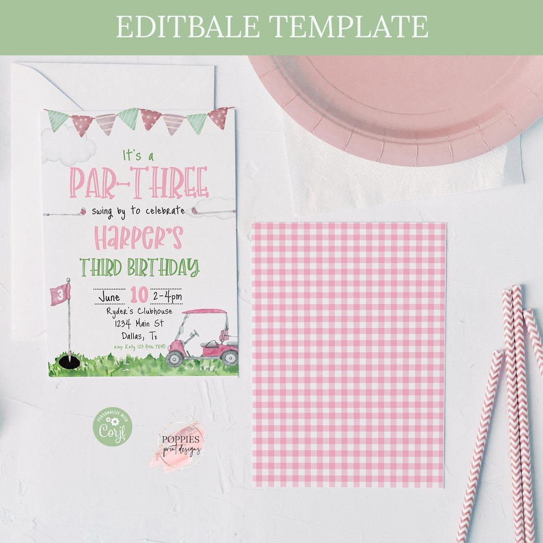 Editable Girl Golf Birthday Invitation, Girl Golfing Birthday Invite ...