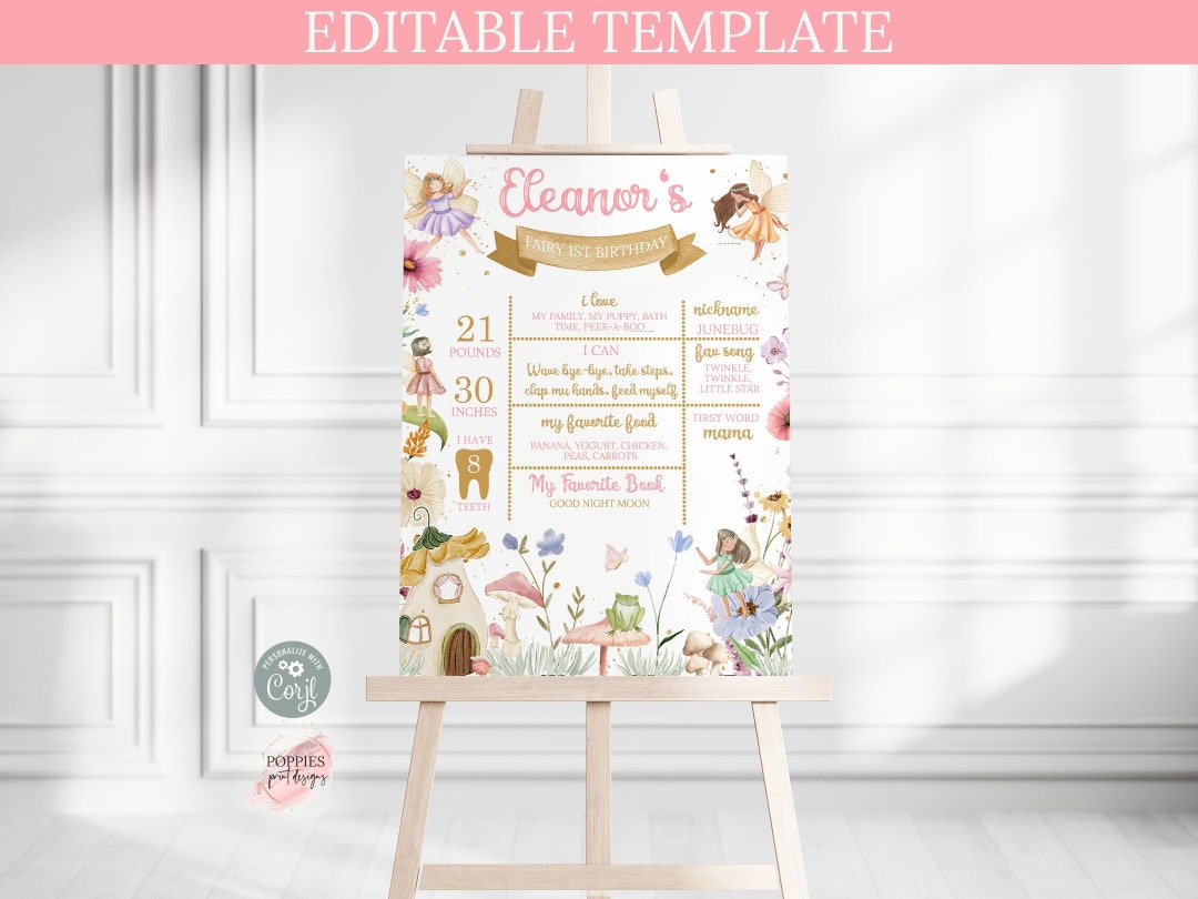 Fairy First Birthday Milestone Sign Editable Fairy Garden Birthday ...