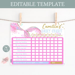 Editable Mermaid Chore Daily Chart, Printable Kids Responsibility Chart ...