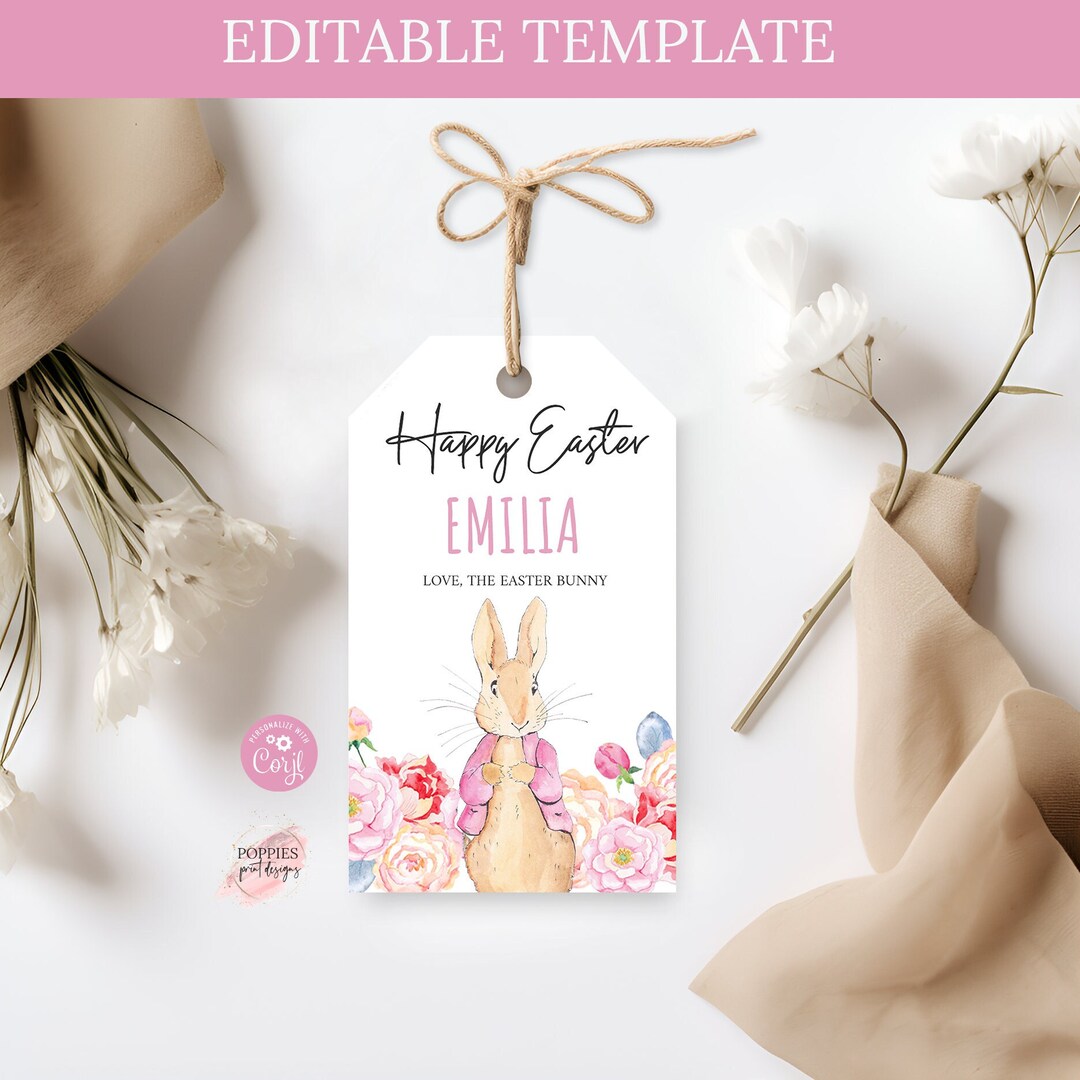 Editable Easter Basket Gift Tag, Girl Easter Bunny Tag, Peter Rabbit ...