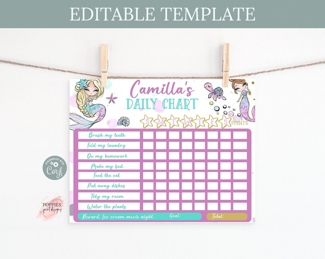 Editable Mermaid Chore Daily Chart, Printable Kids Responsibility Chart ...
