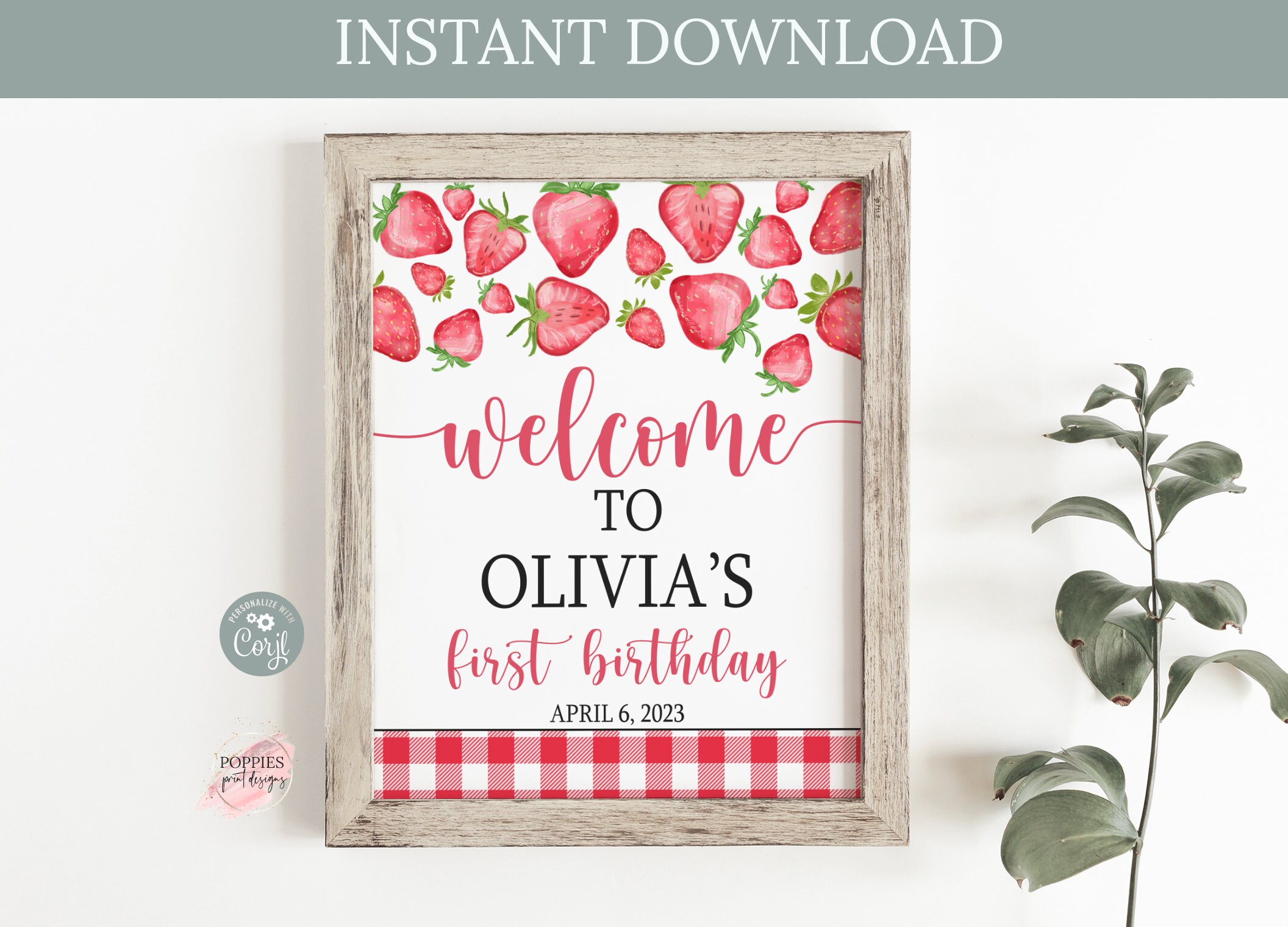 Editable Strawberry Gingham Berry Sweet Birthday Welcome Sign Sweet ...
