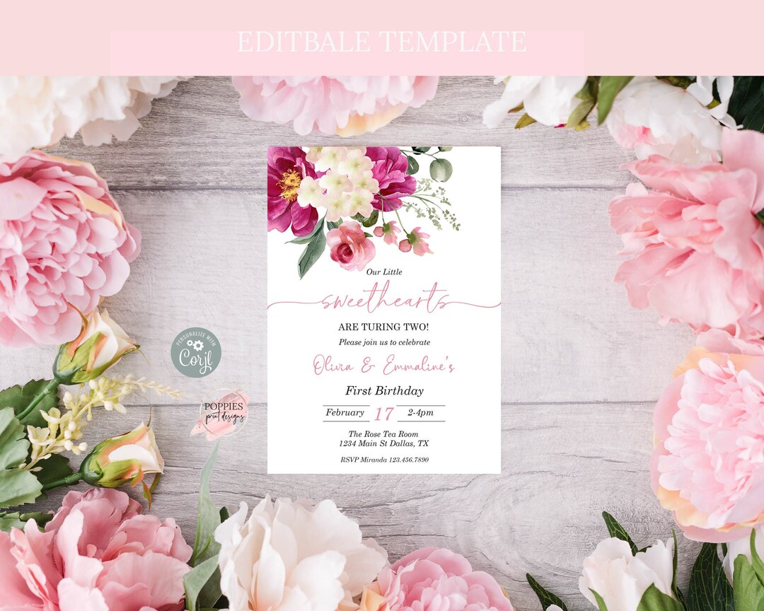 Editable Twins Valentine's Birthday Invitation, Floral Heart Birthday ...