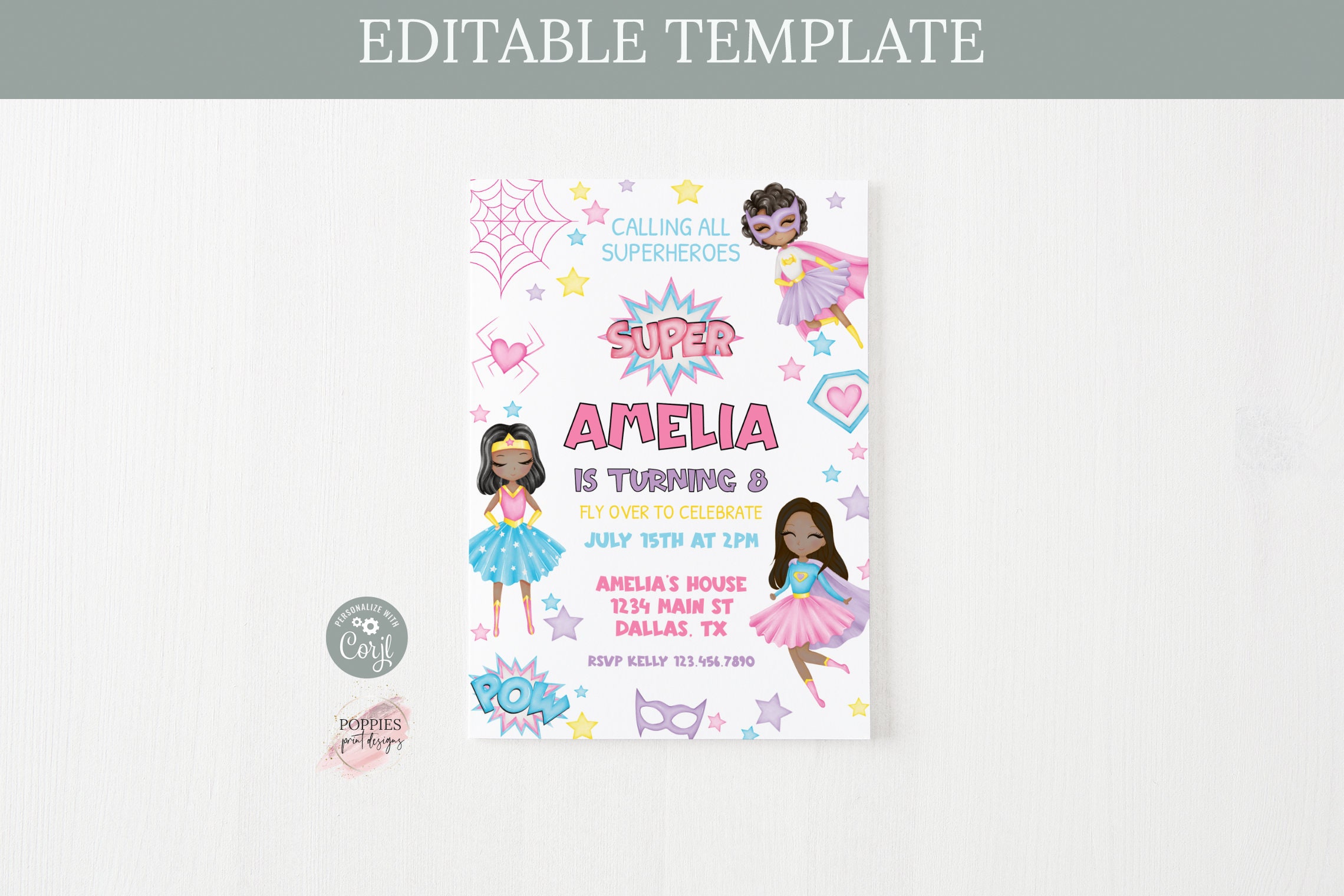 Editable Girl Superhero Birthday Party Invitation, Super Girl Birthday ...
