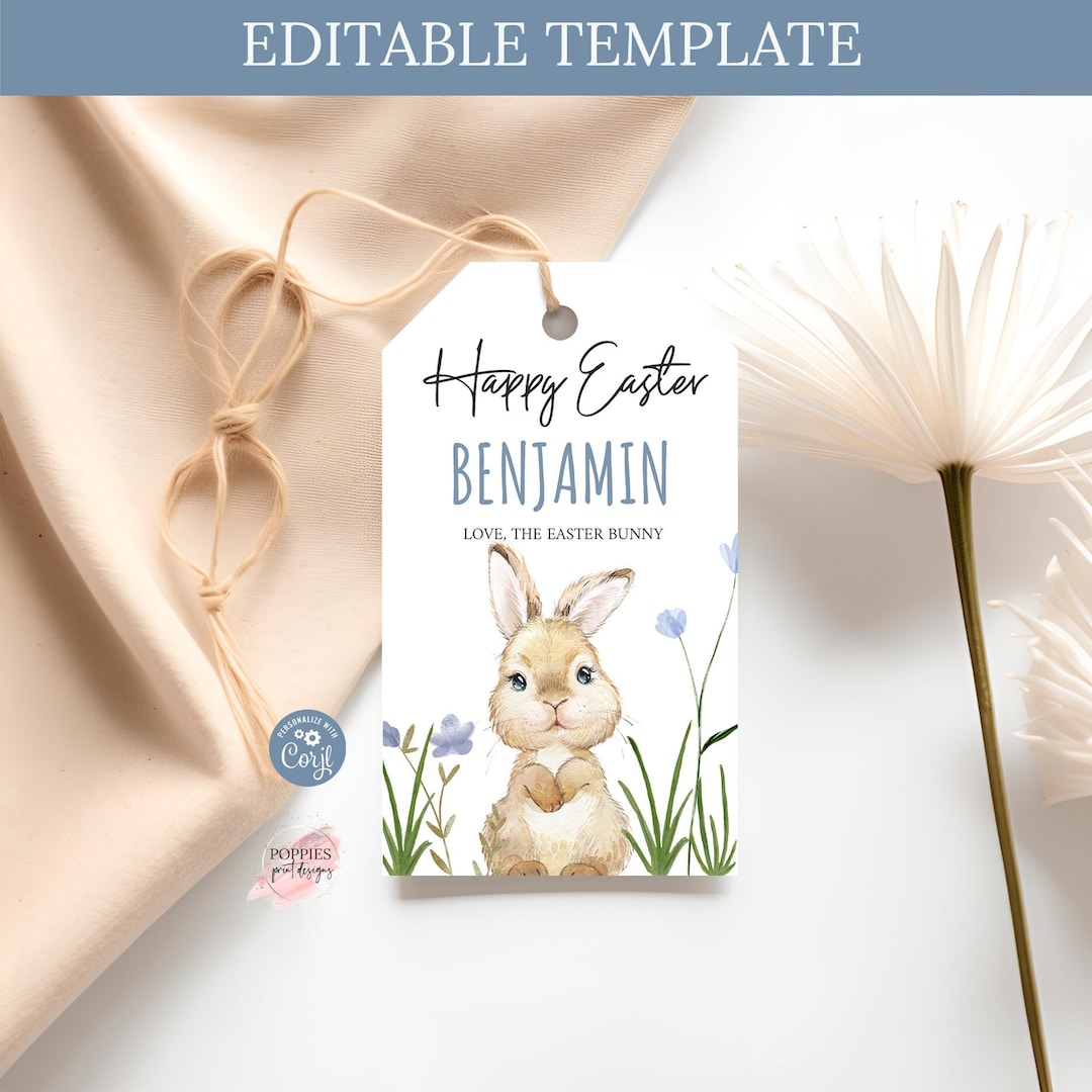 Kids Easter Bunny Tag, Editable Cute Bunny Easter Basket Gift Tag ...