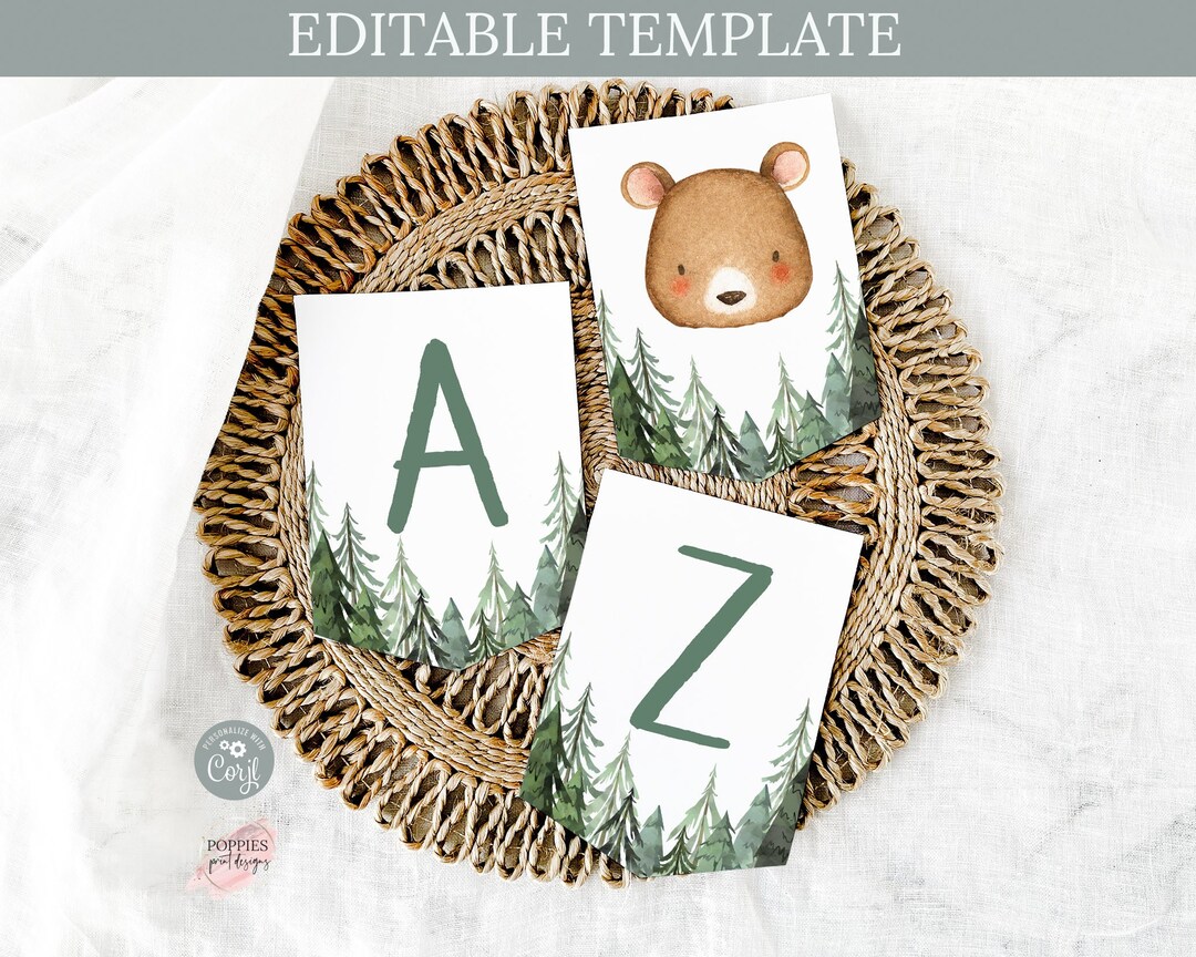 Editable Forest Bear Birthday Banner 8.5x11" Woodland Bear Bunting Pine ...