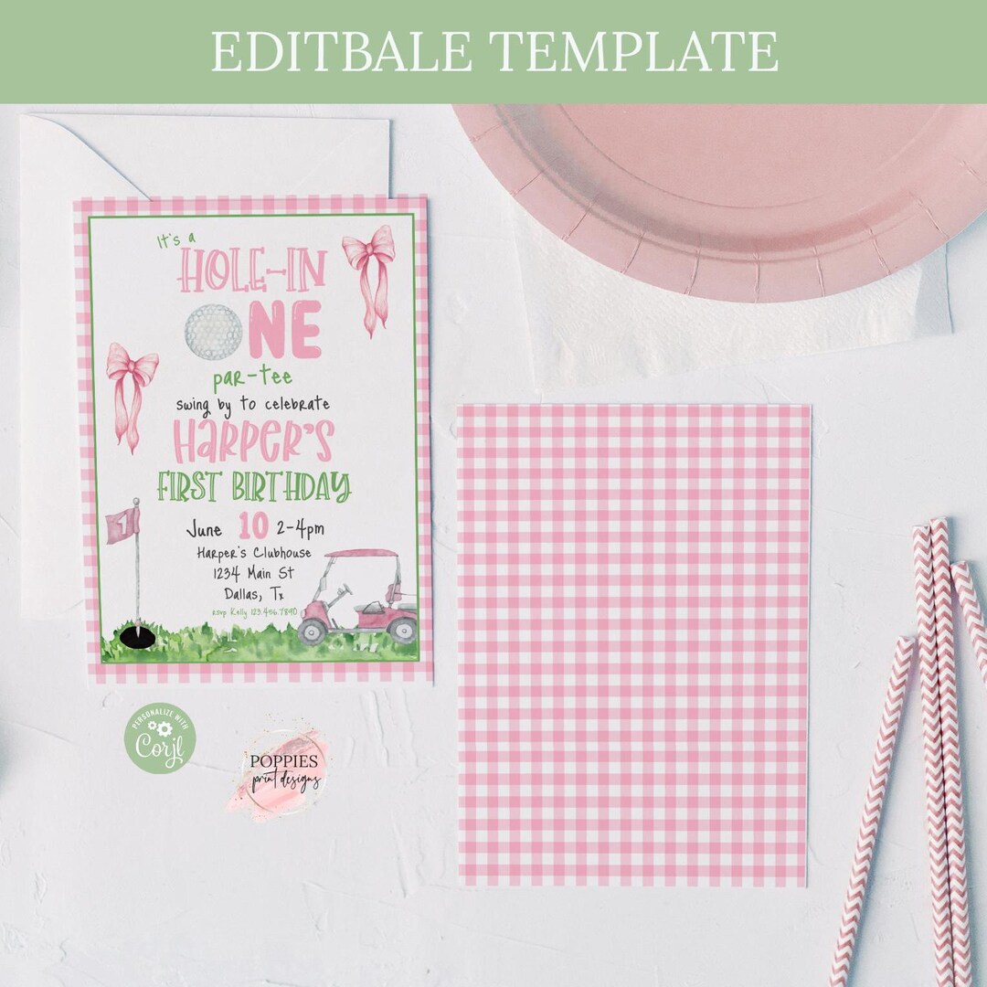 Editable Girl Hole in One Golf First Birthday Invitation Girl Golfing ...