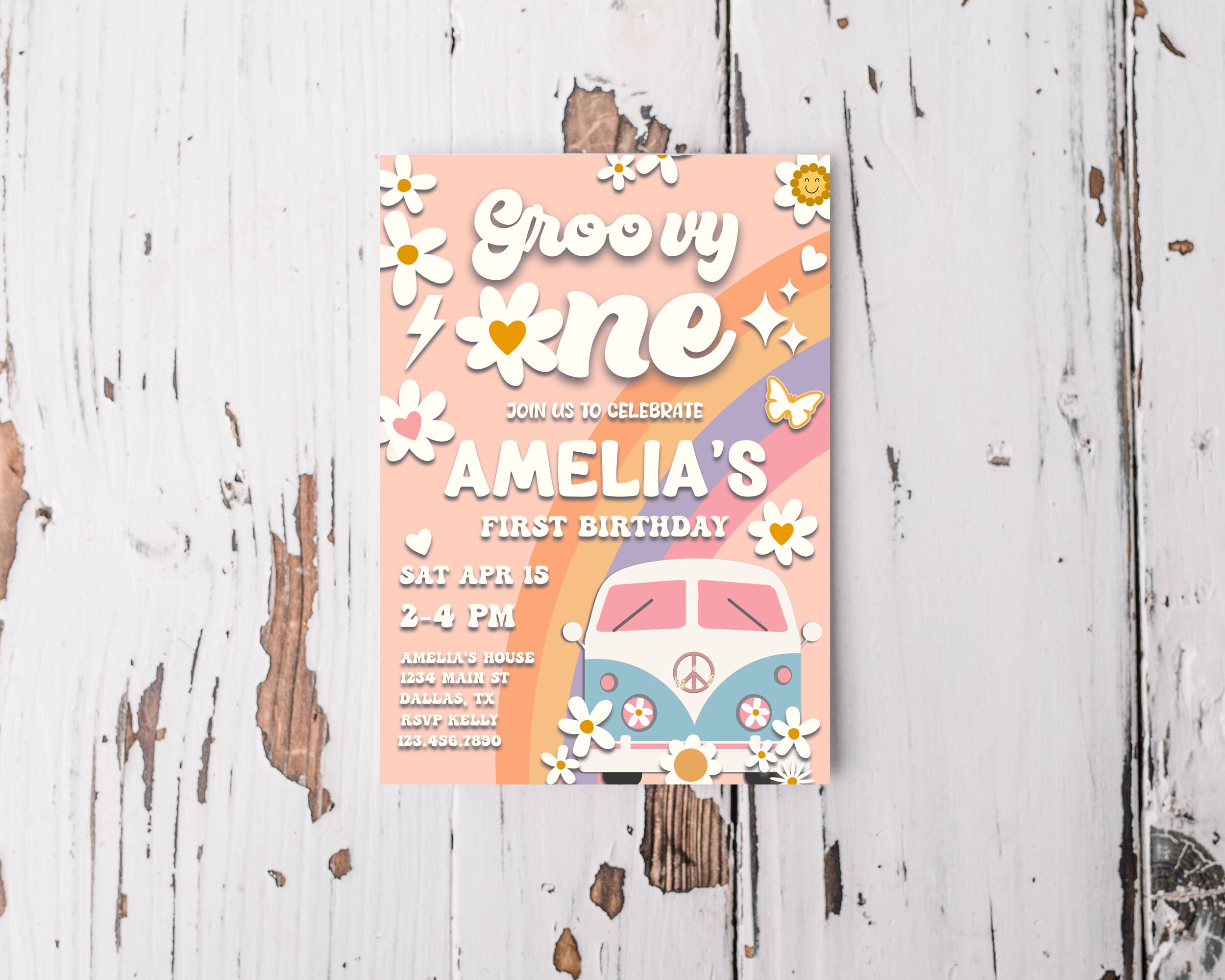 Editable Groovy ONE Rainbow Daisy 1st Birthday Invitation - Etsy