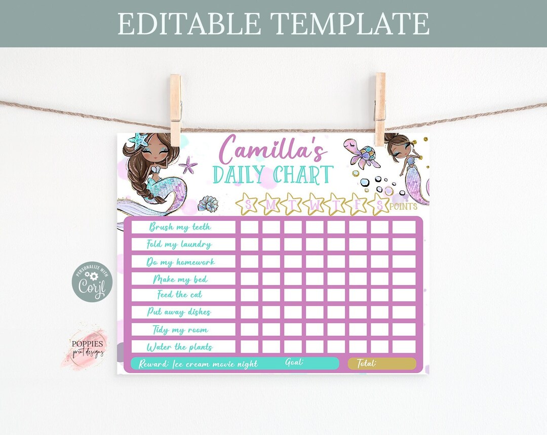 Editable Mermaid Chore Daily Chart, Printable Kids Responsibility Chart ...