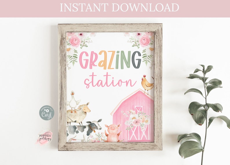 Pink Floral Barnyard Grazing Station Sign Farm Birthday Party Food Sign ...