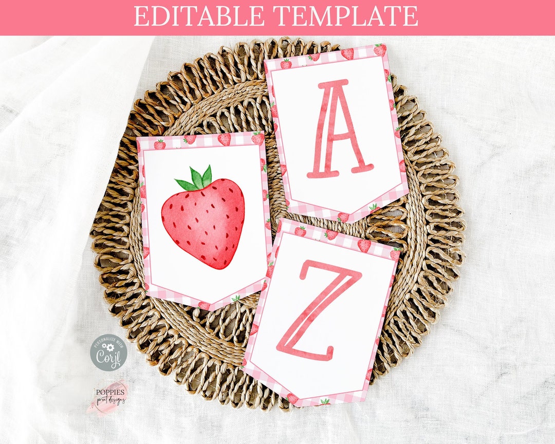 Editable Strawberry Birthday Banner Berry First Birthday Happy Birthday ...