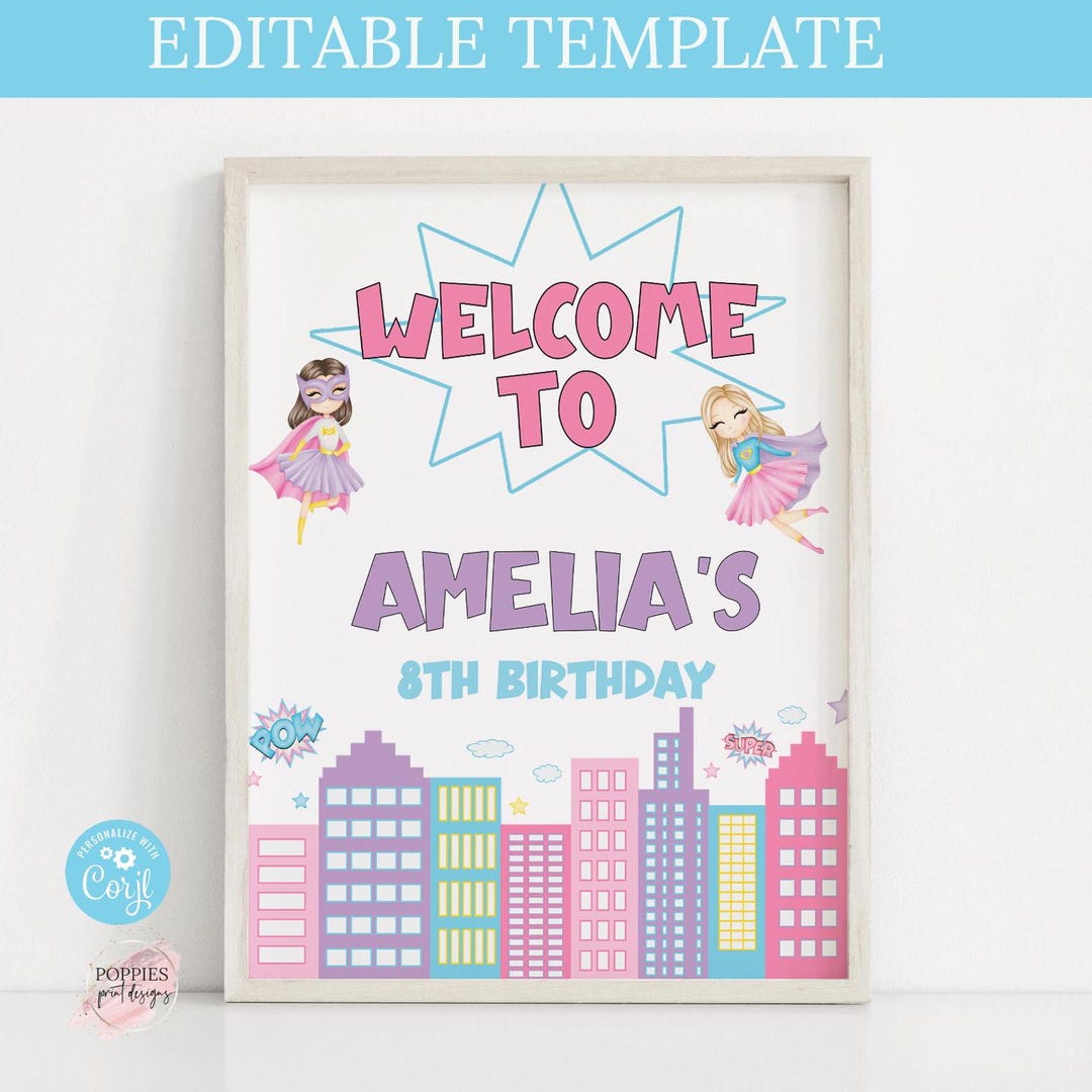 Editable Girl Superhero Birthday Welcome Sign Pink Super Hero Birthday ...