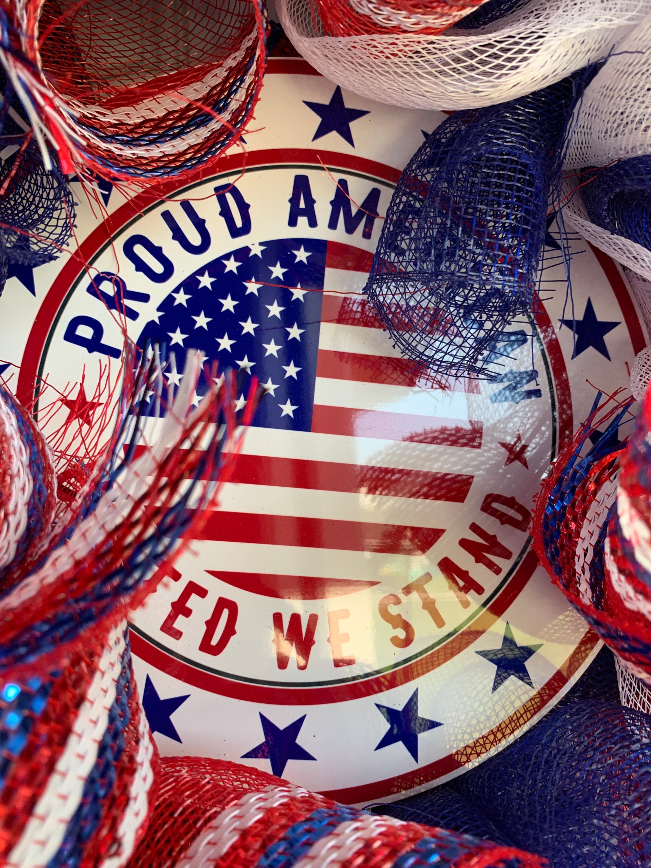Patriotic Red, White & Blue Mesh and Ribbon Wreath. 24”. Free Shipping ...