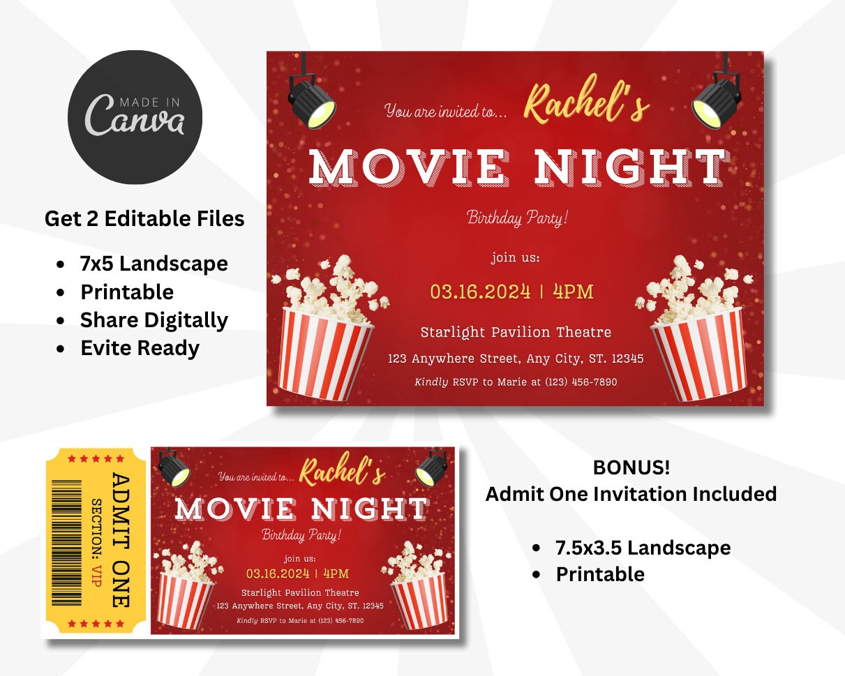 Custom Movie Night Birthday Invitation - Digital Download, Personalized ...