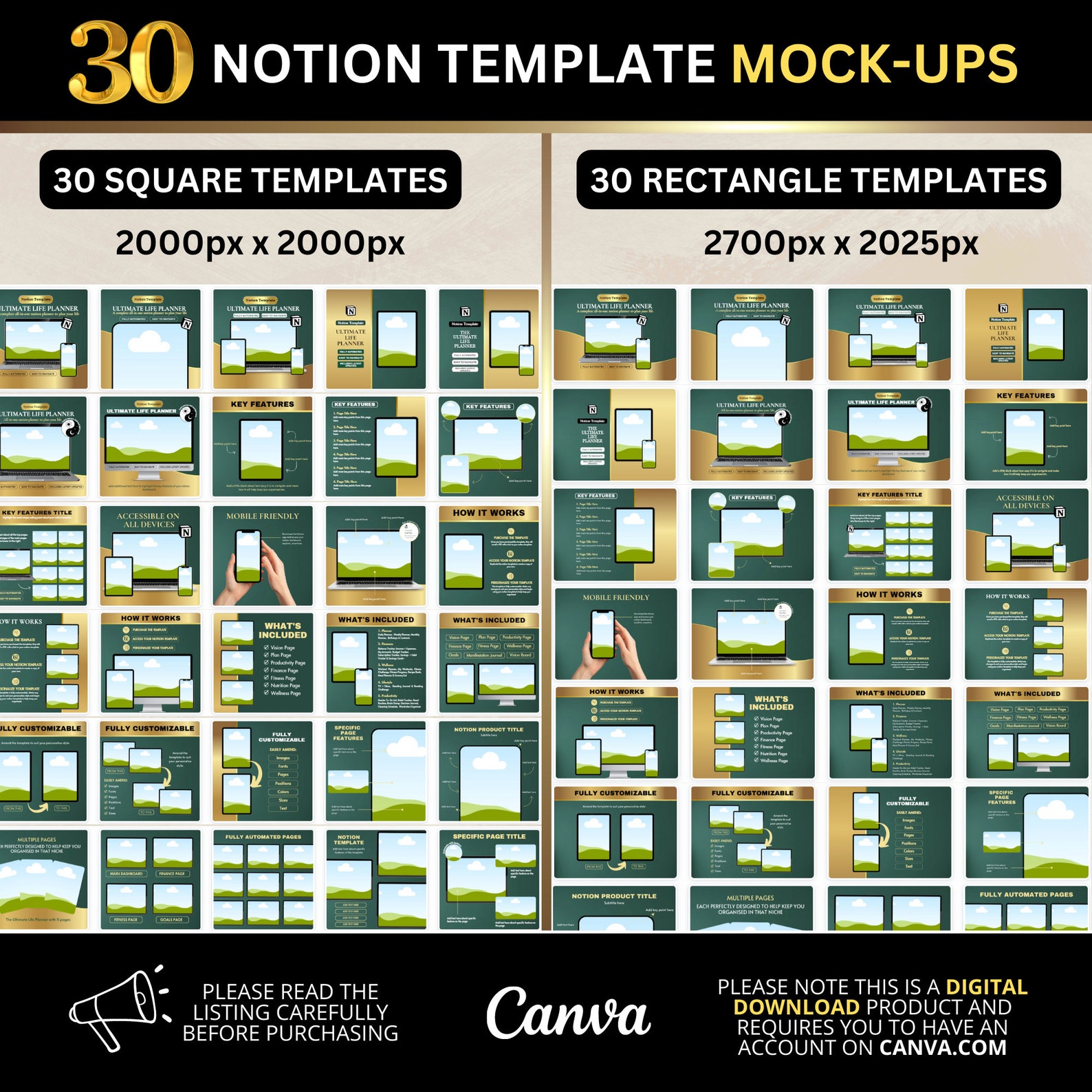 Notion Template Canva Mockups Bundle, 30 Notion Mockup Canva Templates ...
