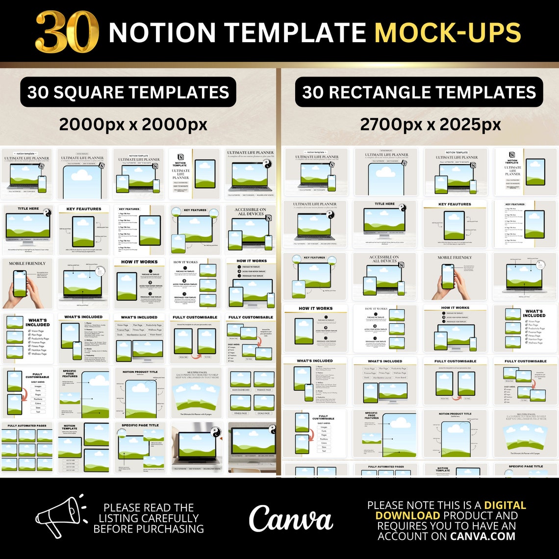 30 Notion Template Mockups for Etsy Listing, Latest Etsy Sizes: Square ...