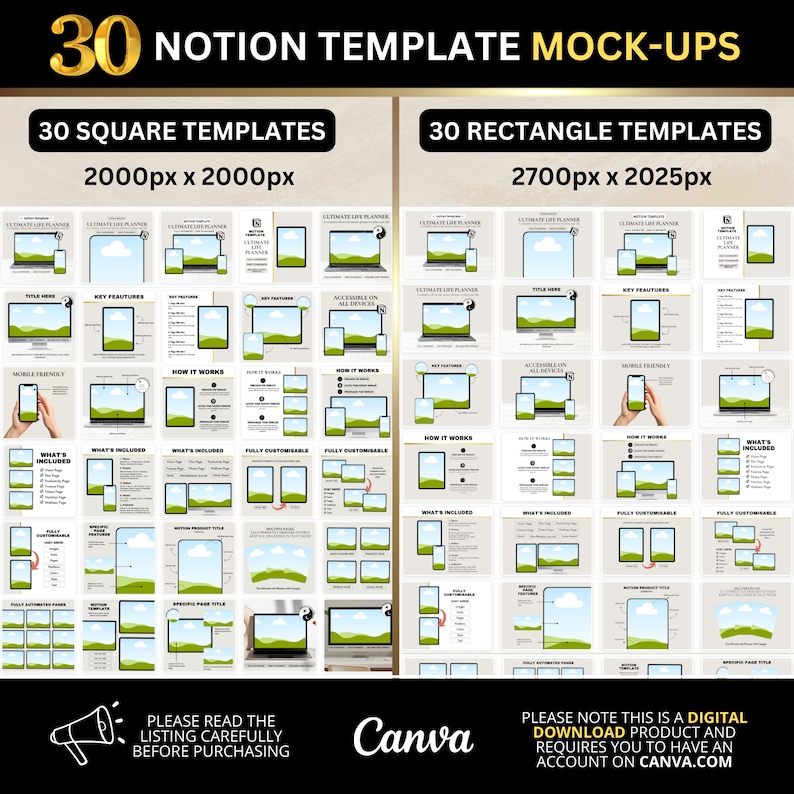 30 Notion Template Mockups for Etsy Listing, Latest Etsy Sizes: Square ...