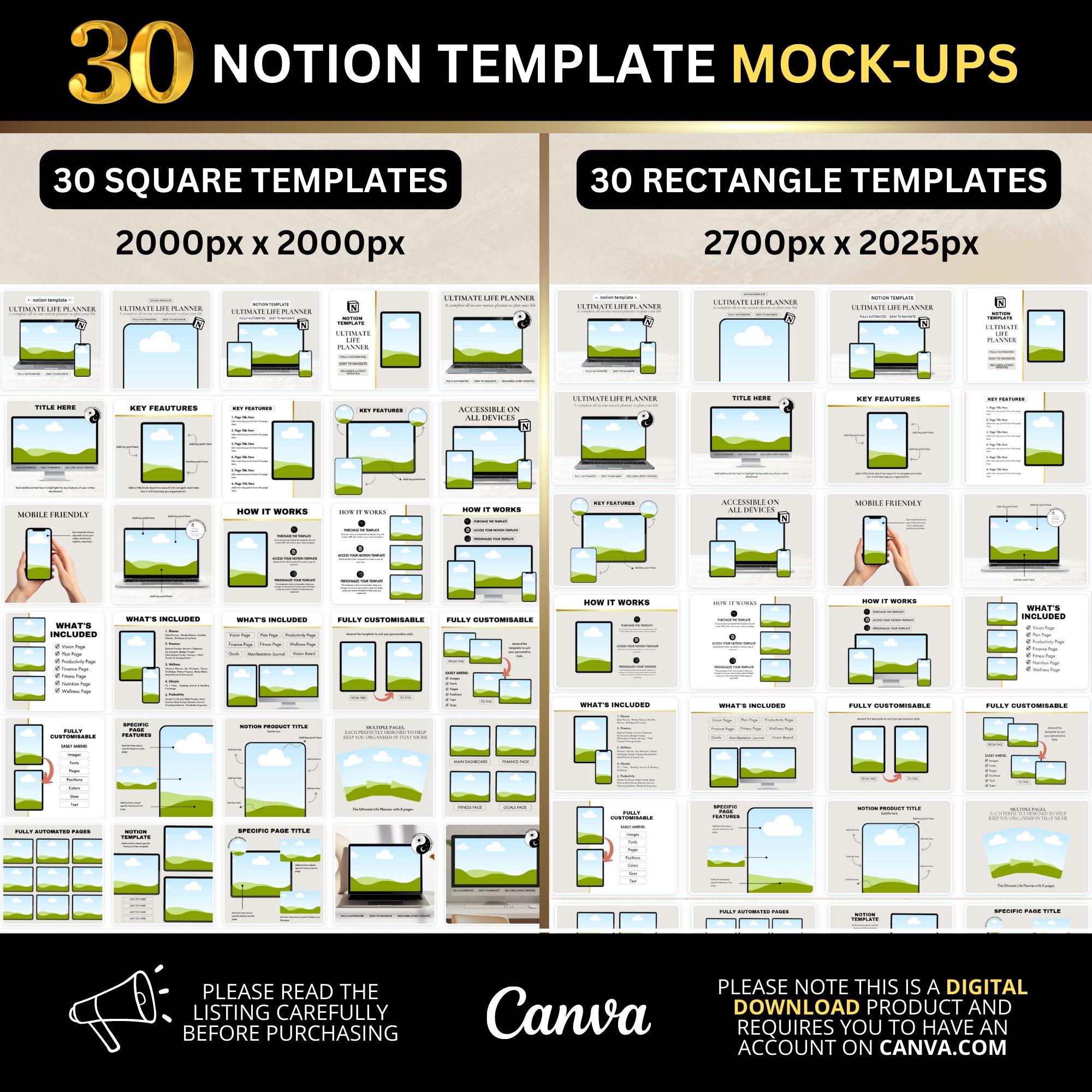 30 Notion Template Mockups for Etsy Listing, Latest Etsy Sizes: Square ...