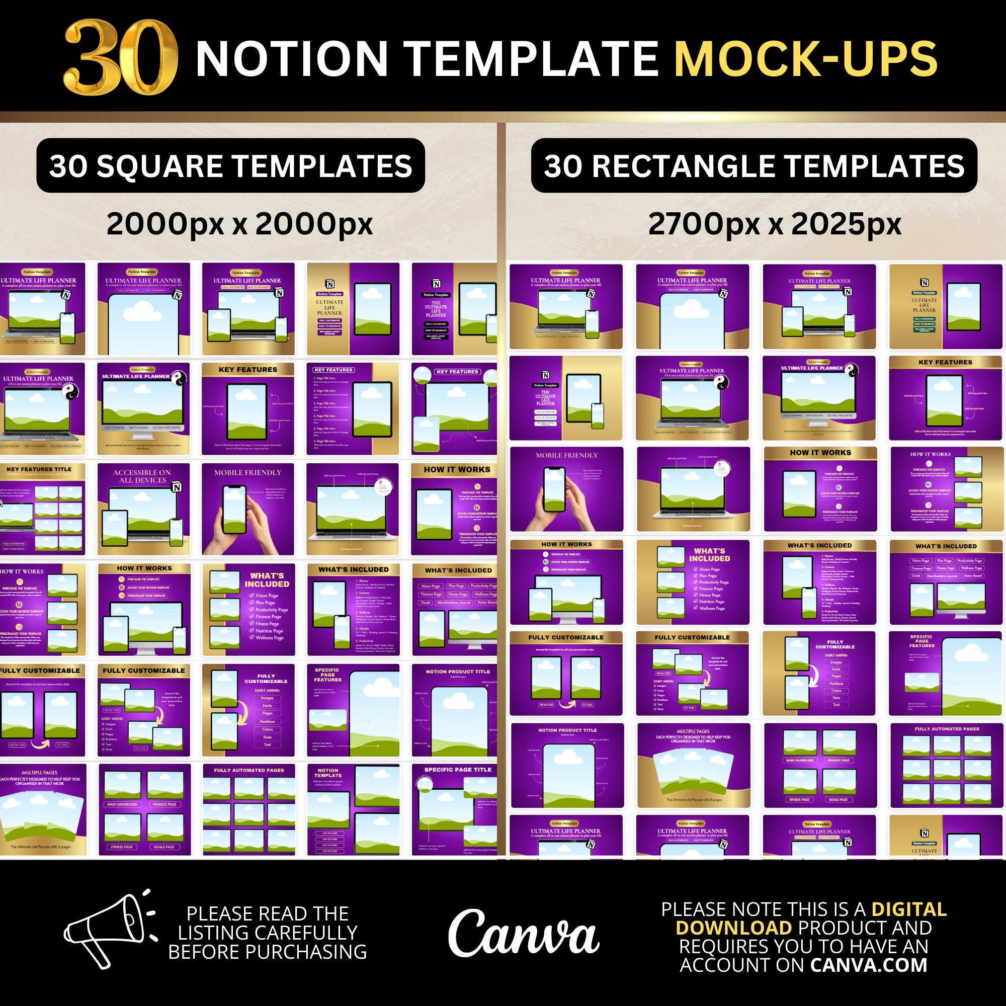 Notion Template Mockup Purple and Gold, 30 Notion Templates for Etsy ...