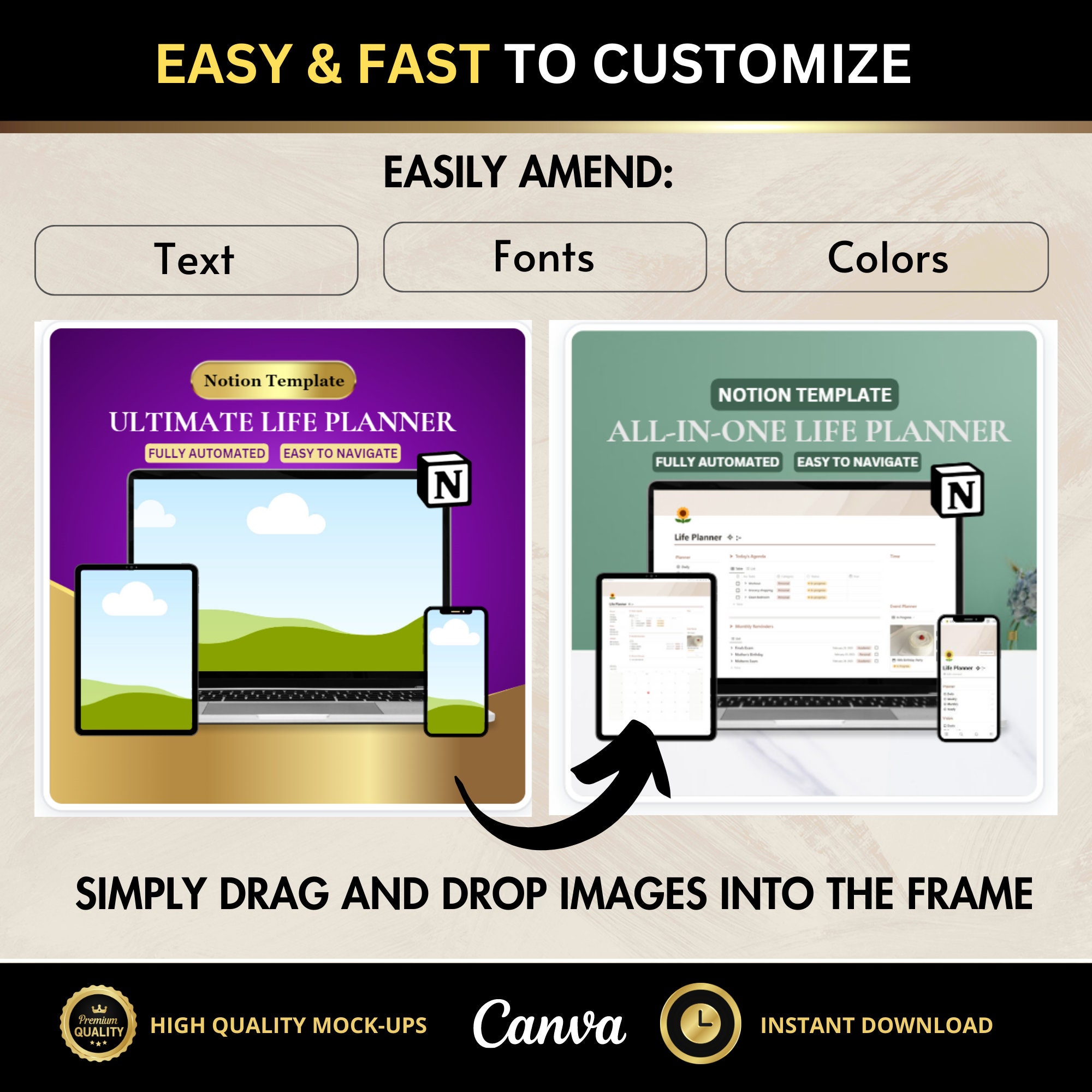 Notion Template Mockup Purple and Gold, 30 Notion Templates for Etsy ...