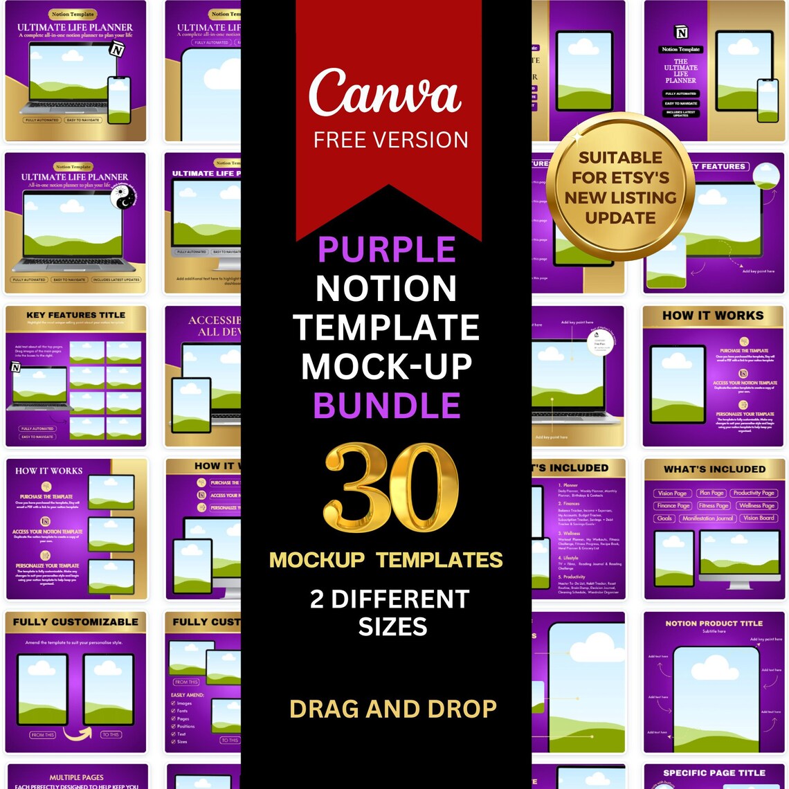 Notion Template Mockup Purple and Gold, 30 Notion Templates for Etsy ...