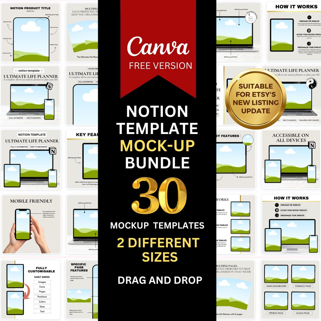 Notion Template Mockup, 30 Notion Templates for Etsy Listing, Notion ...