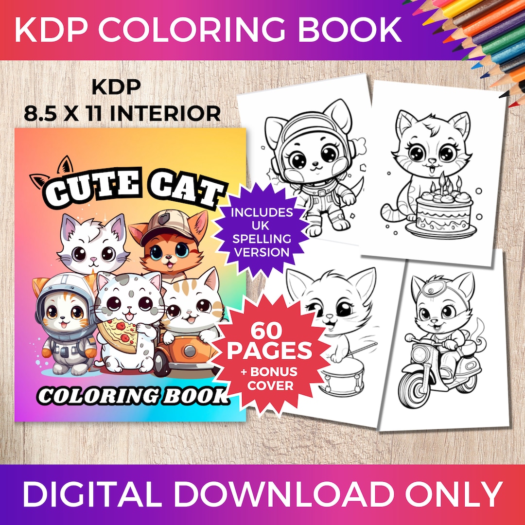 Cat Coloring Pages KDP: Coloring Book Digital Download for Self ...