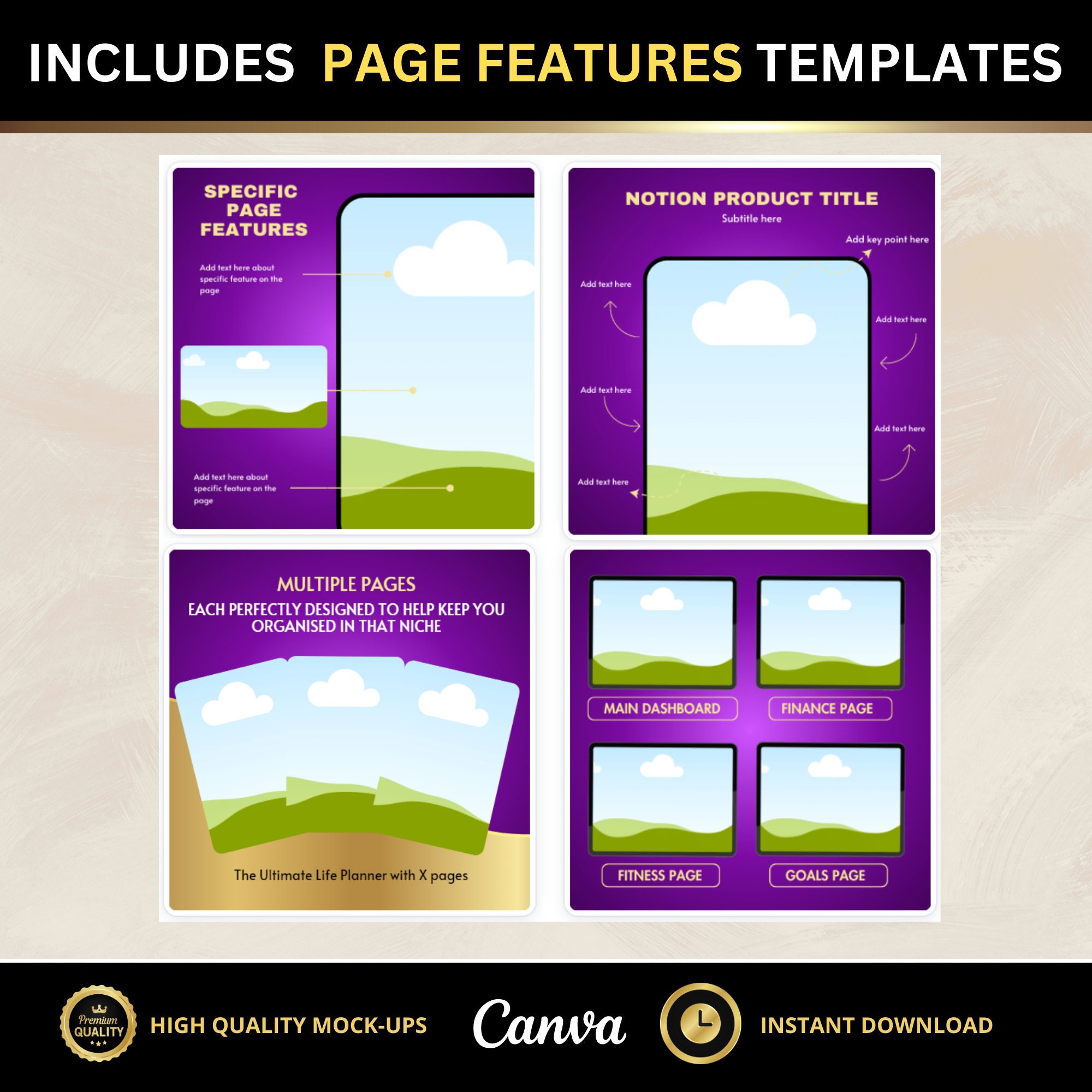 Notion Template Mockup Purple and Gold, 30 Notion Templates for Etsy ...