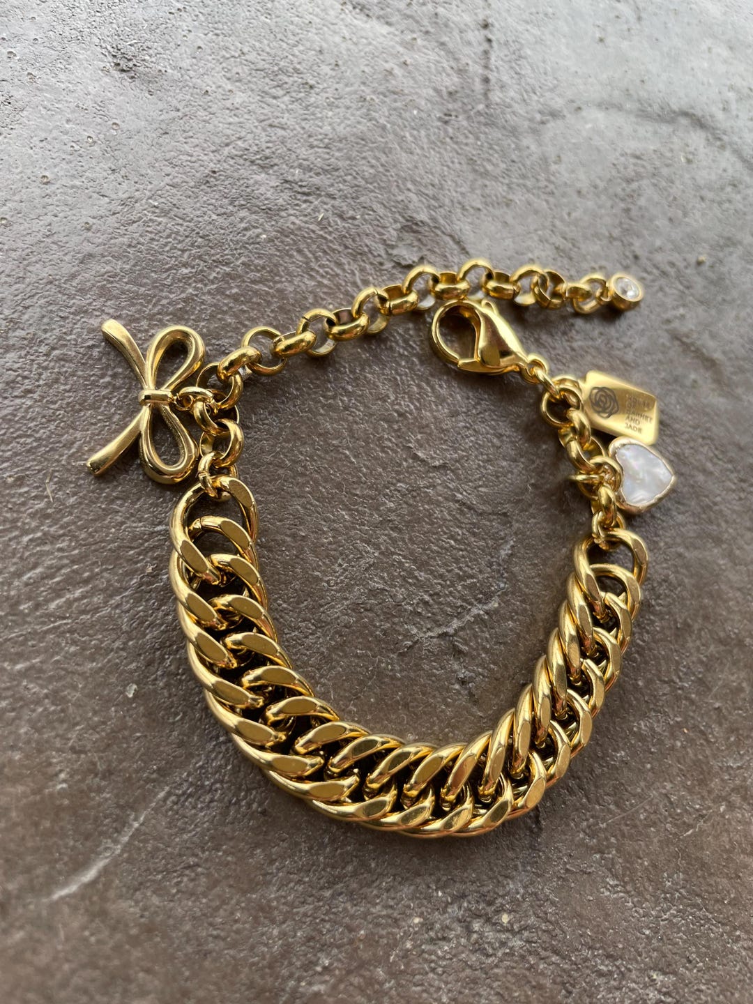 Rowan Bow and Pearl Heart: Gold Chain Bracelet, Chunky Chain, Charms ...