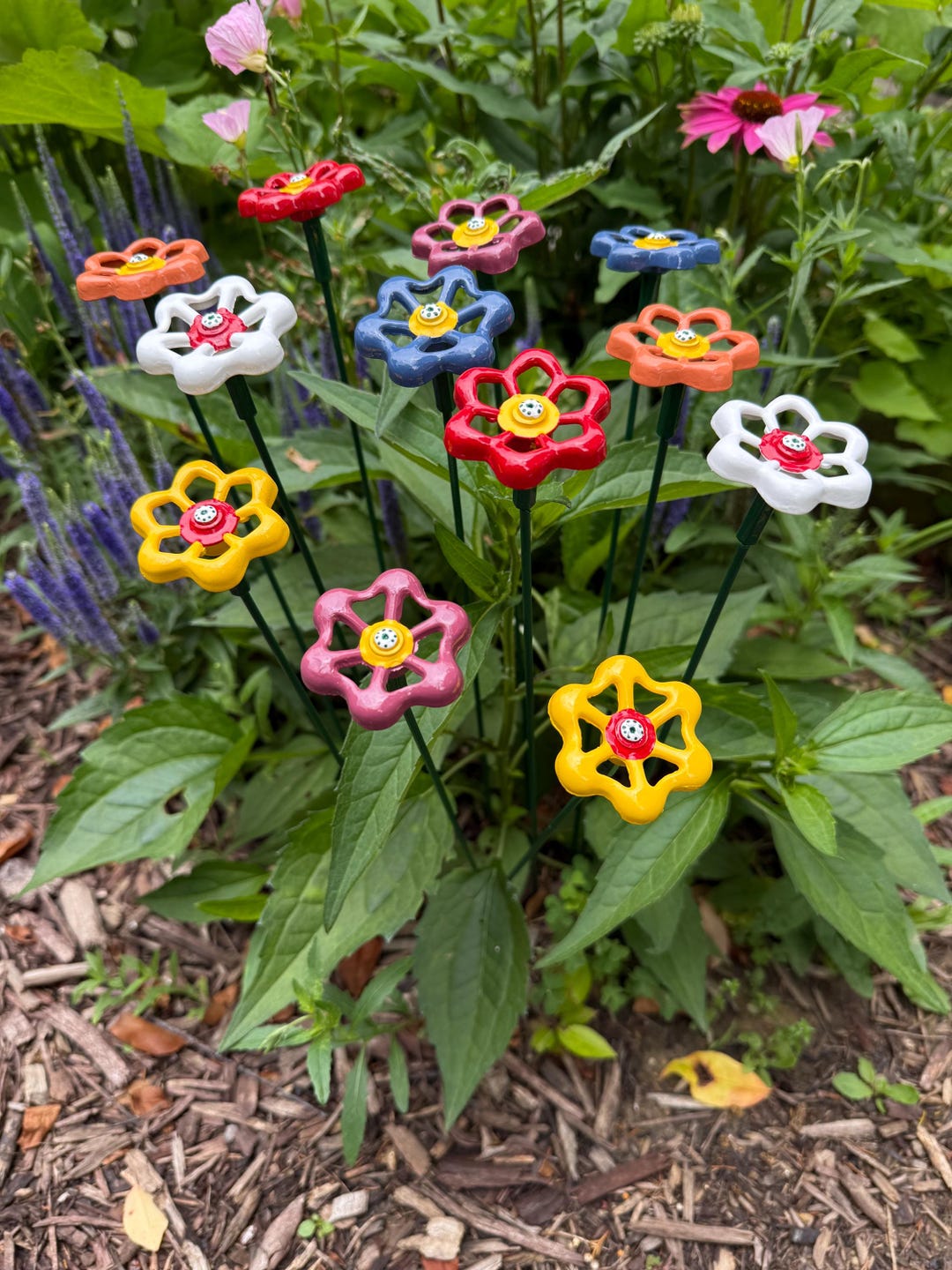 Set of 12 Petunia, Assorted Colors Metal Flower 18" Garden Stakes ...