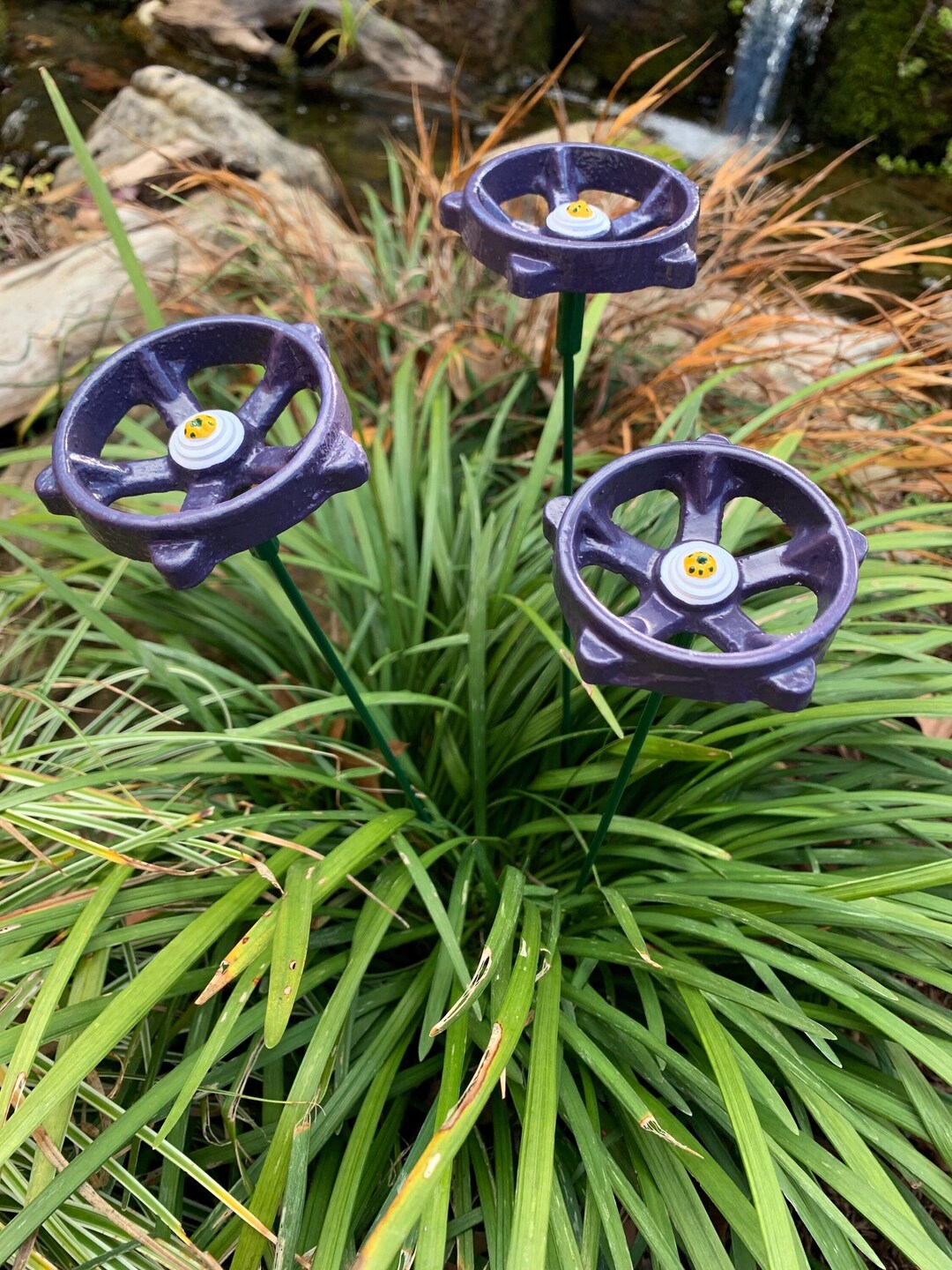 Set of 3 "wacky Vinca" Medium Metal Flower 20" Garden Stakes, Repurposed Faucet Handles, Yard ...