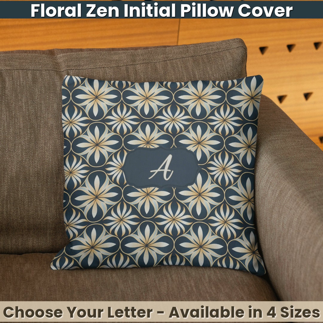 Floral Zen Pattern Initial Square Pillow Cover, Monogram Decorative ...